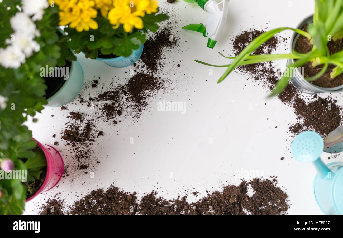 Photo of soil, watering can, flower pot on empty white background Stock ...