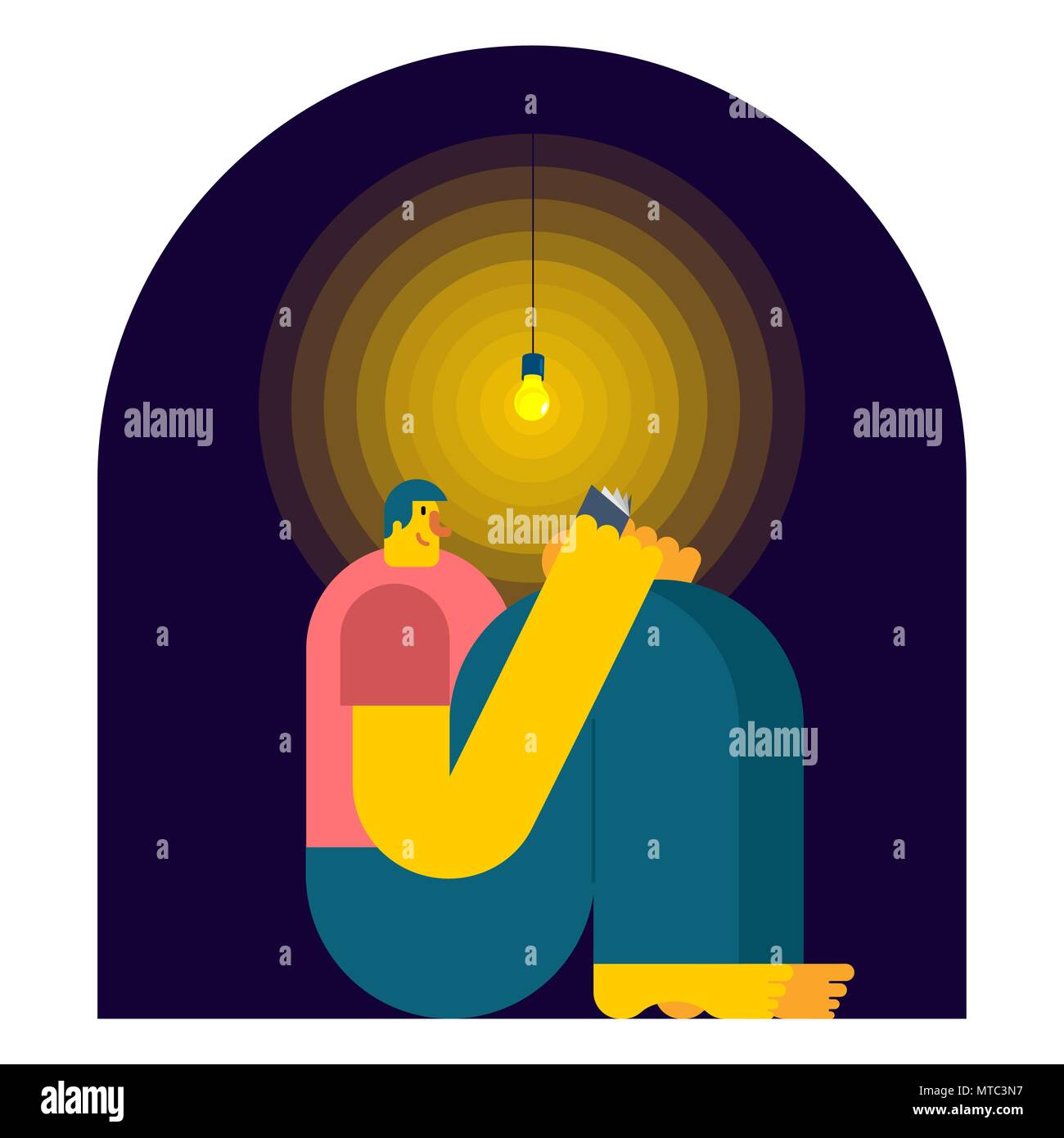 Man reading book in dark. Night reading. Vector illustration Stock ...