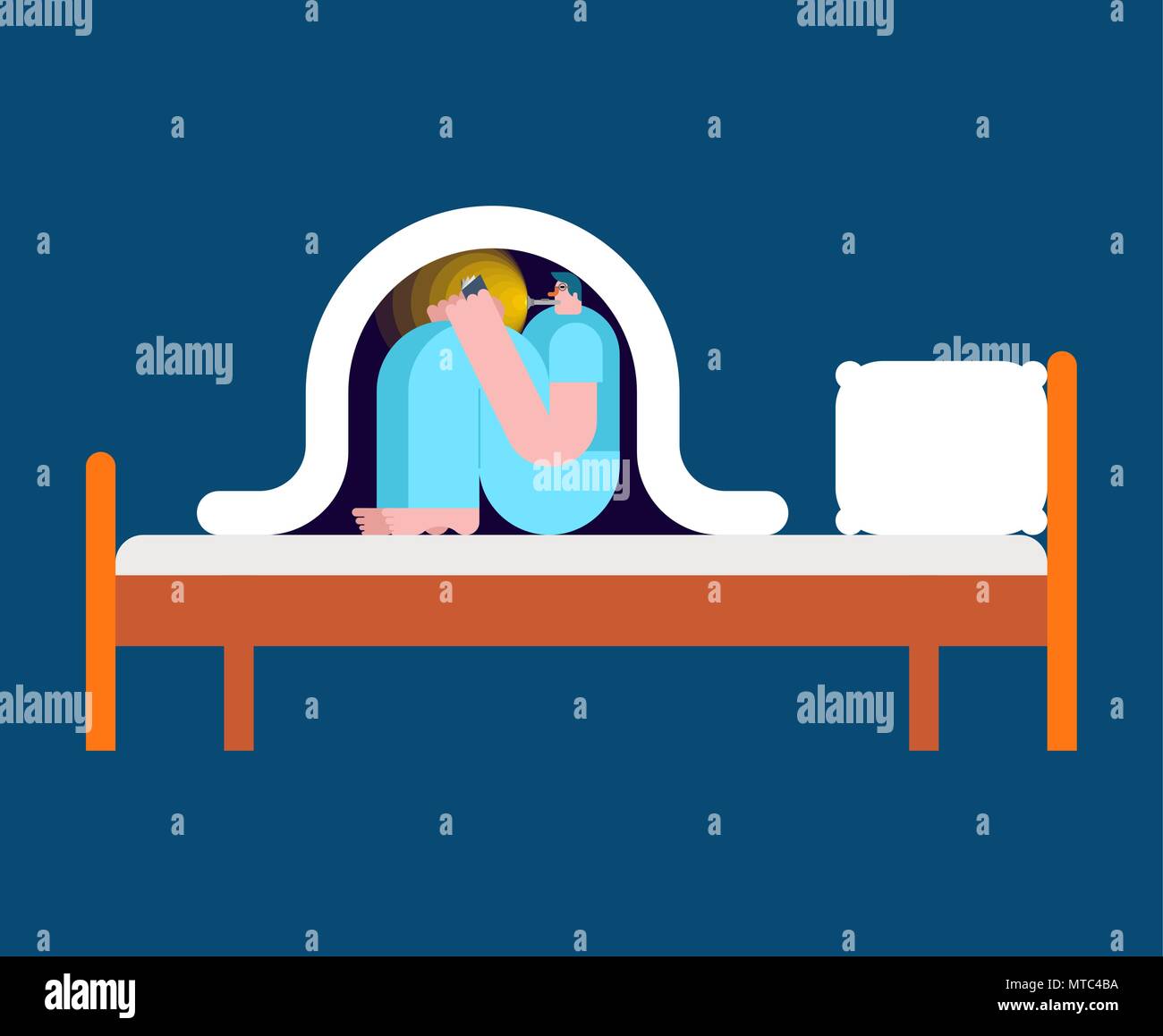 Read book under blanket with flashlight. Night reading. Vector ...