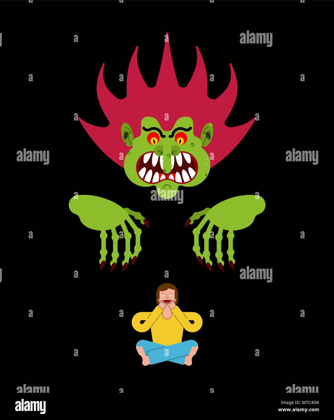 Scary man scaring guy. Nightmare monster with long claws. Vector ...
