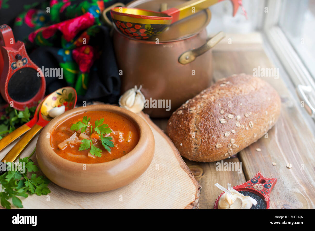 Traditional Ukrainian Russian borscht with white beans on the bowl ...