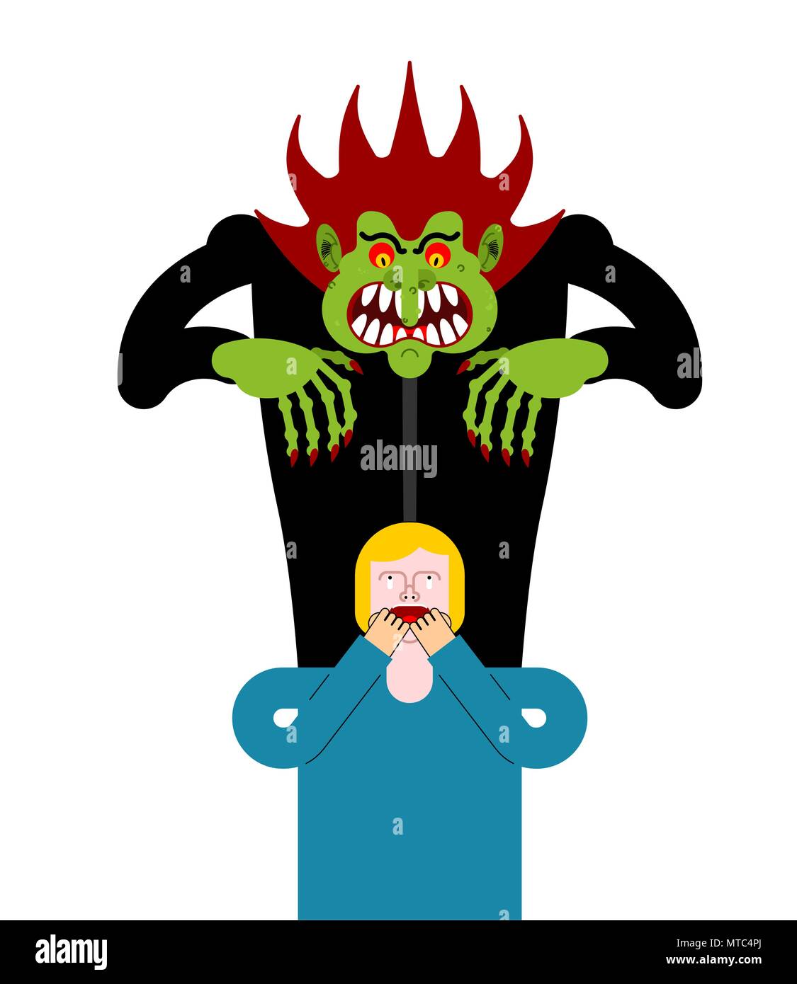 Scary man scaring guy. Nightmare monster with long claws. Vector ...