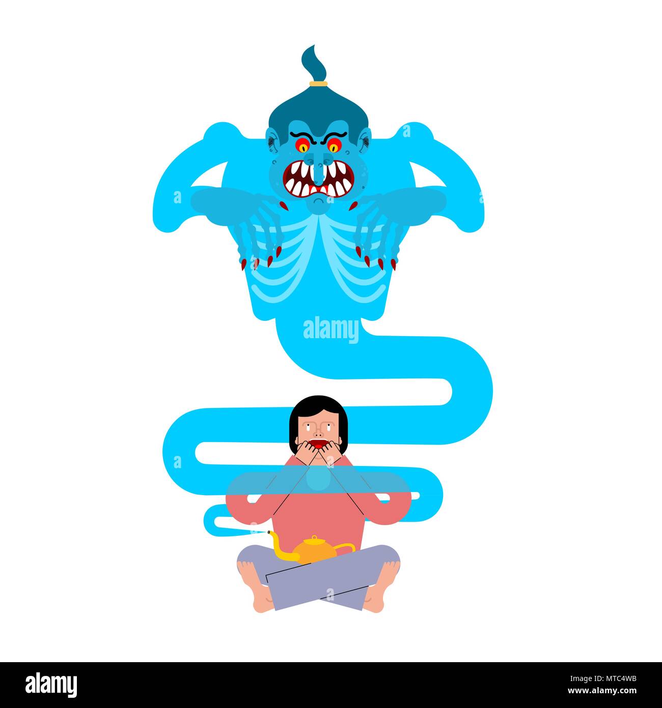 Evil Genie of magic lamp. Guy afraid is Fiery Scary monster. Vector ...