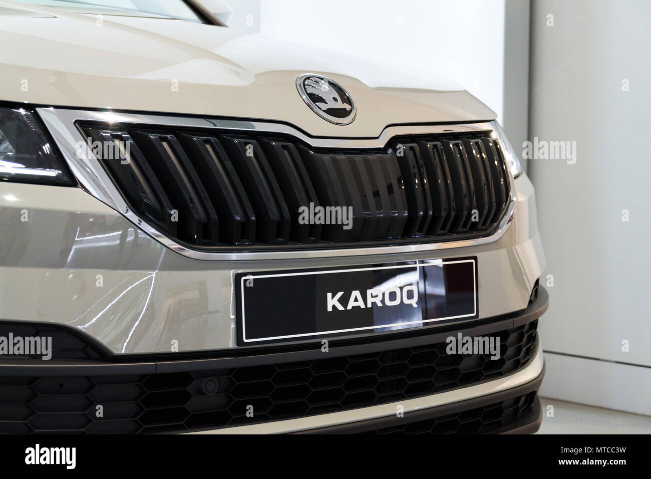 BERLIN, GERMANY - MAY 15 2018: Skoda company logo on Skoda Karoq car ...