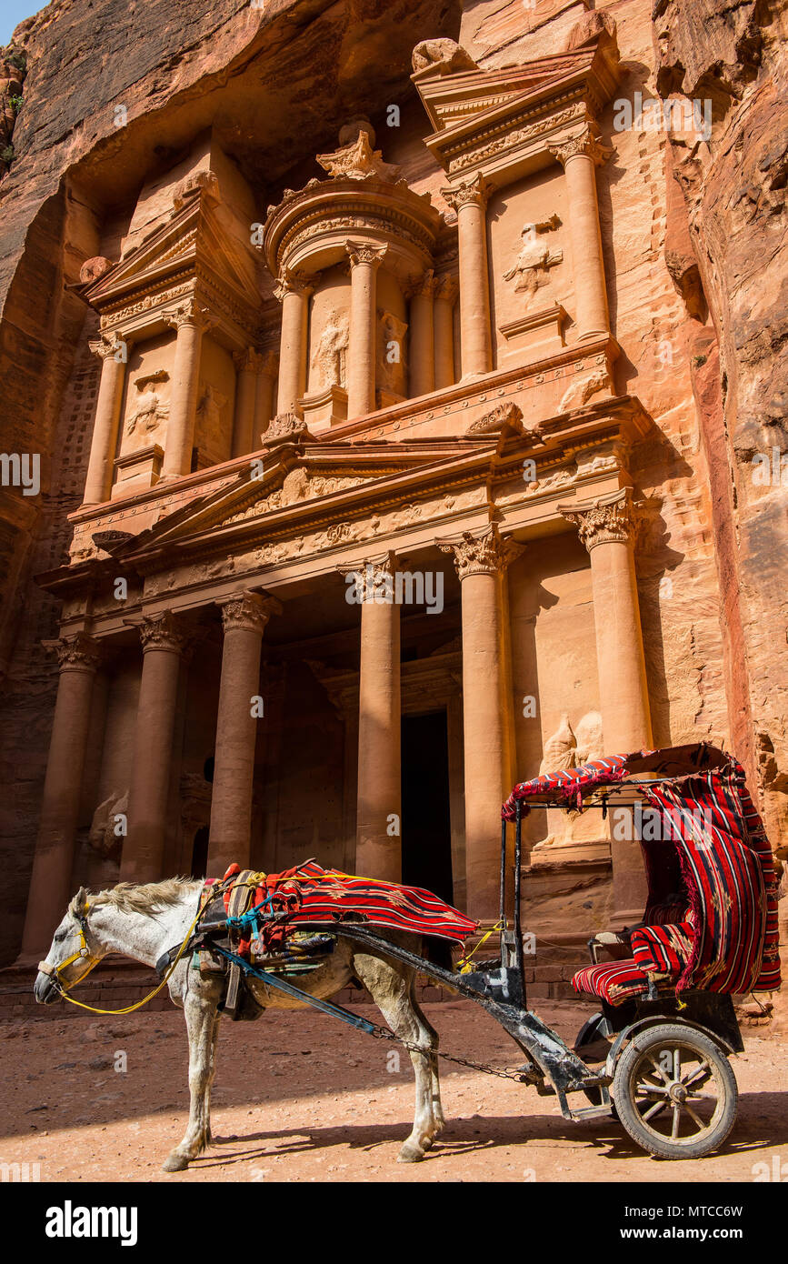 Horse carriage in the front of Treasury. Petra, Jordan. Ancient stone ...
