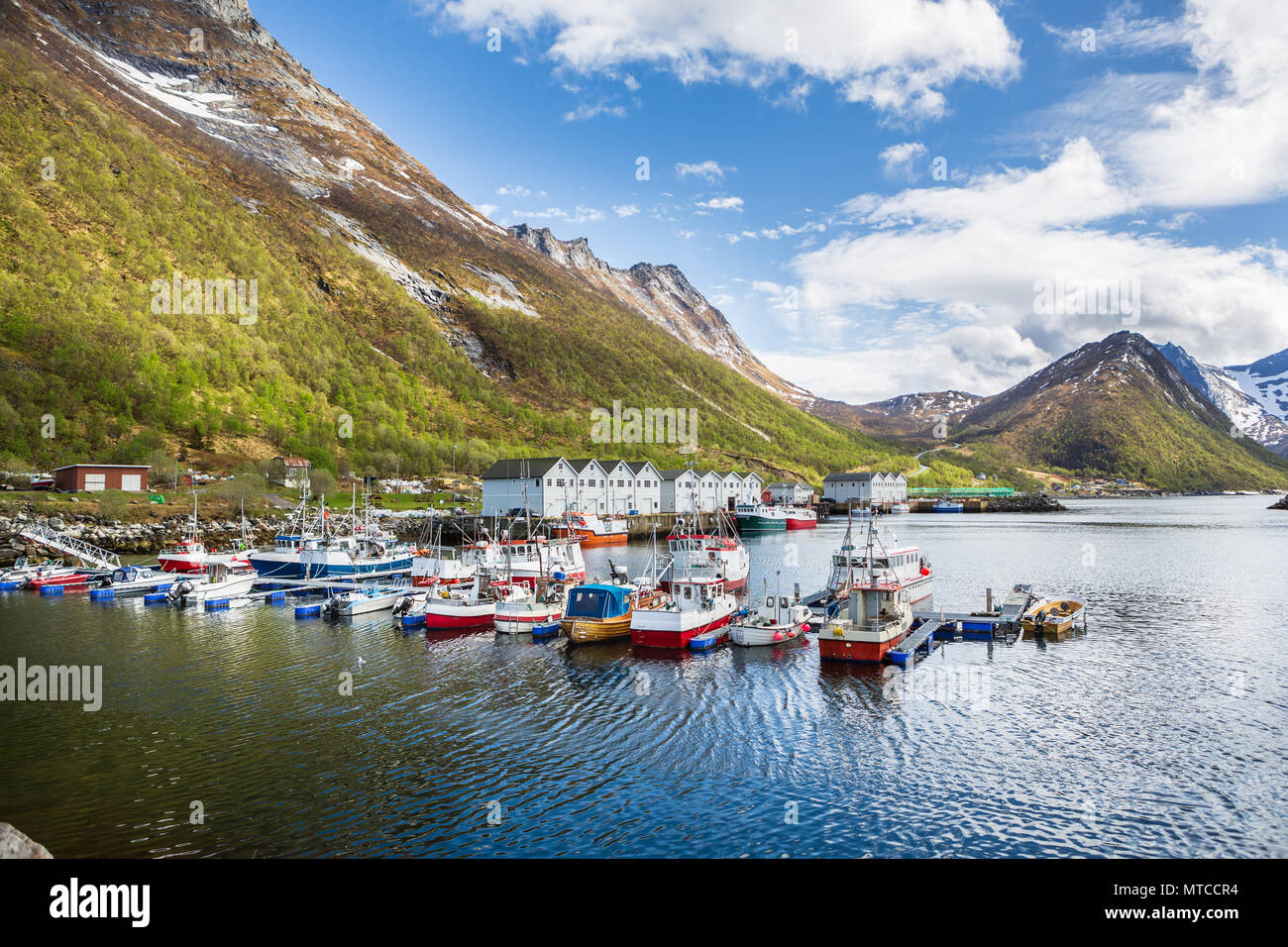 The port of Husoy village on Senja Island beyond the Polar Circle in ...