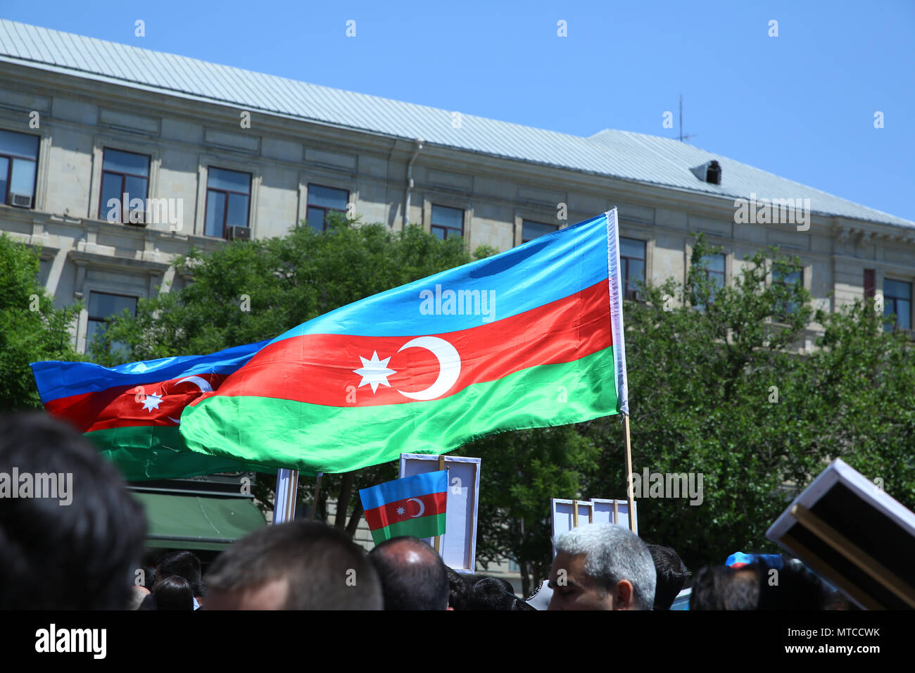 Azerbaijan flag in Baku, Azerbaijan. National sign background. Red ...
