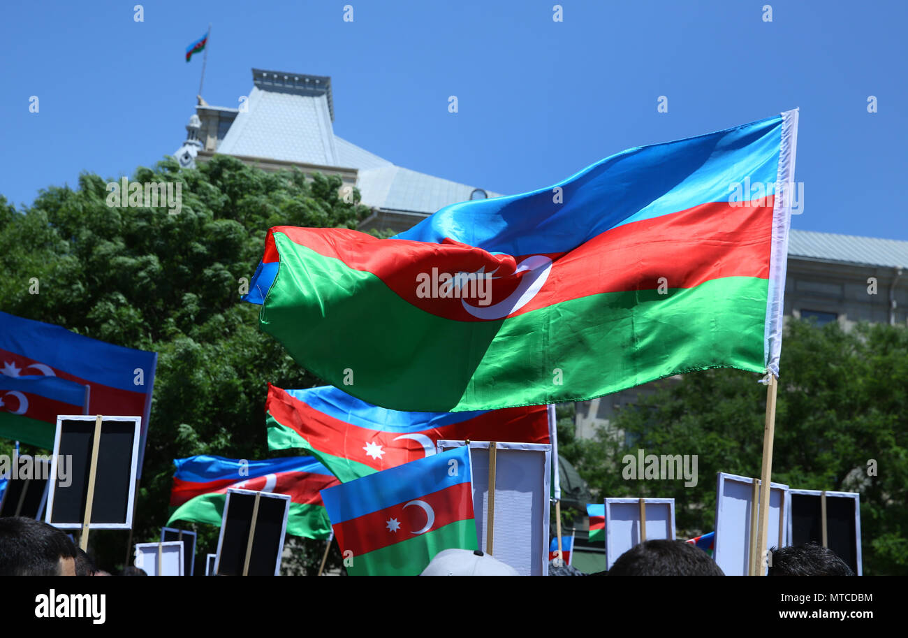 Azerbaijan flag in Baku, Azerbaijan. National sign background. Red ...