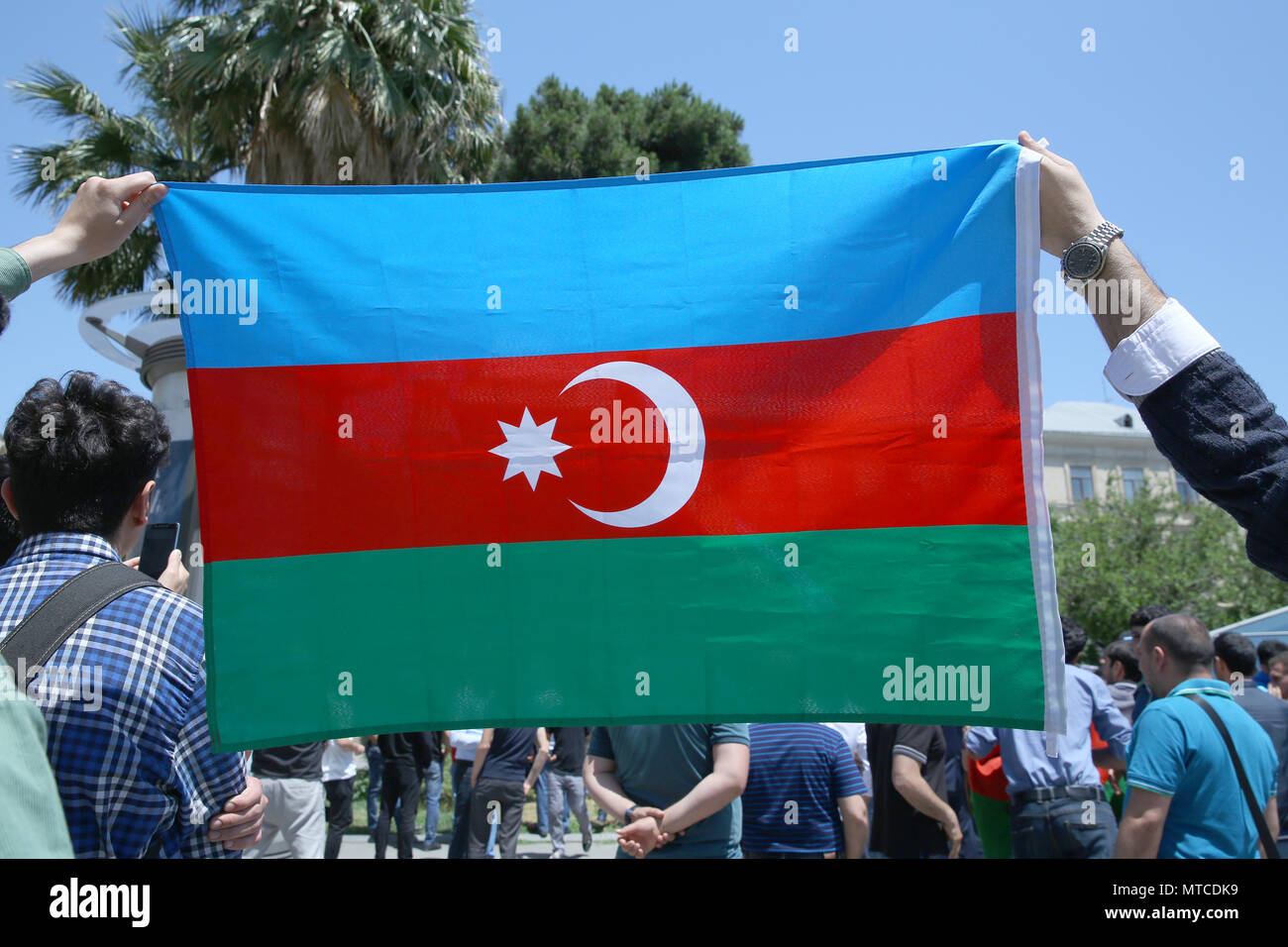 Azerbaijan flag in Baku, Azerbaijan. National sign background. Red ...