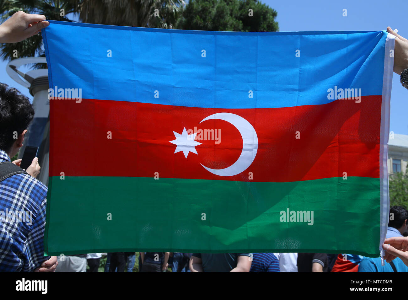 Azerbaijan flag in Baku, Azerbaijan. National sign background. Red ...