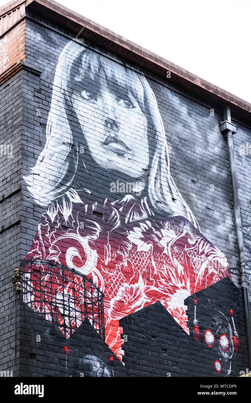 Cardiff, Wales, UK, May 27, 2018: Wall art / Graffiti on the side of ...