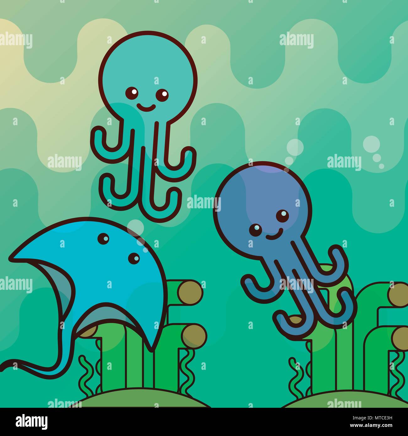 stingray octopus coral sea life cartoon Stock Vector Image & Art - Alamy