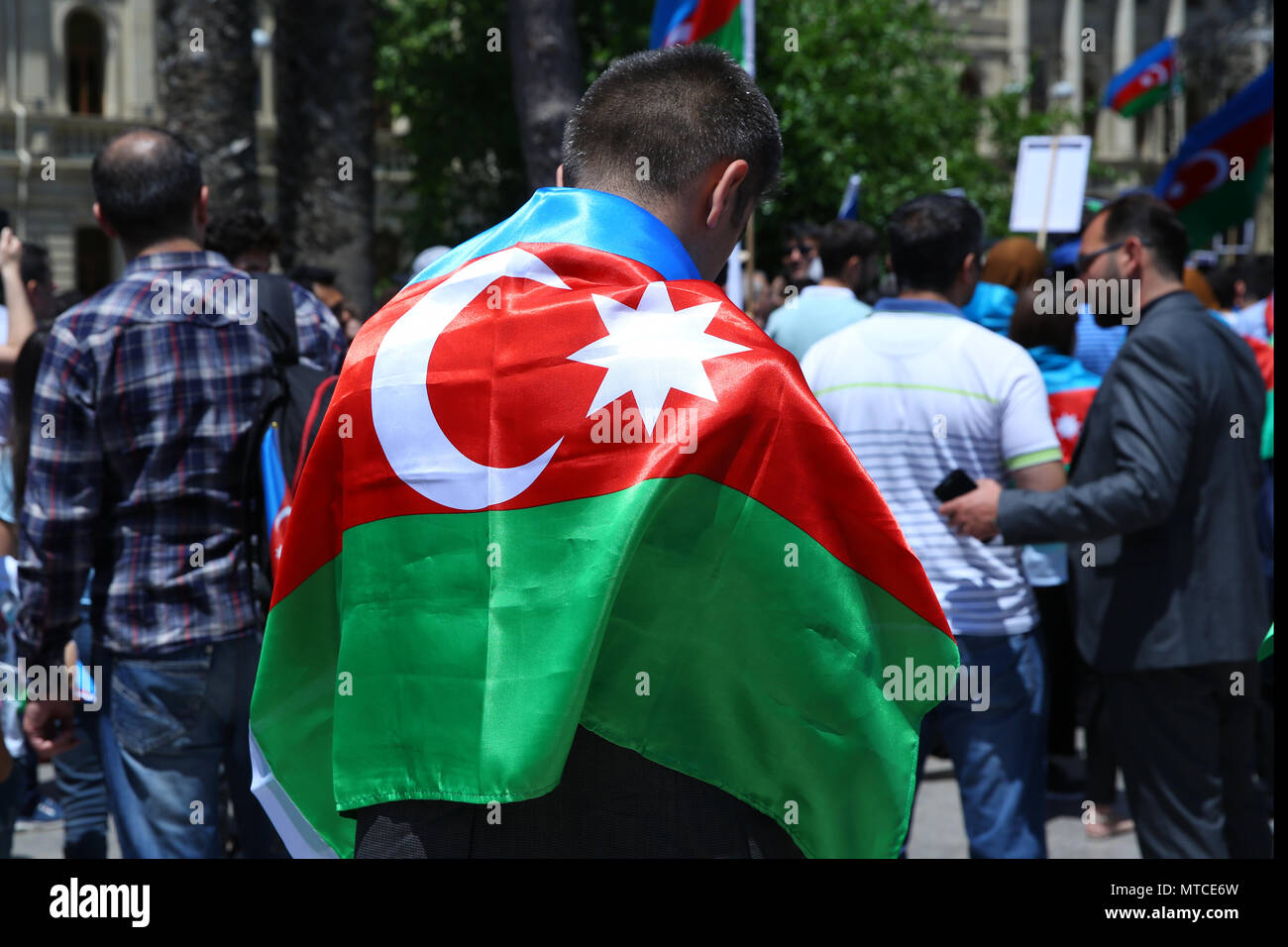 Azerbaijan flag in Baku, Azerbaijan. National sign background. Red ...