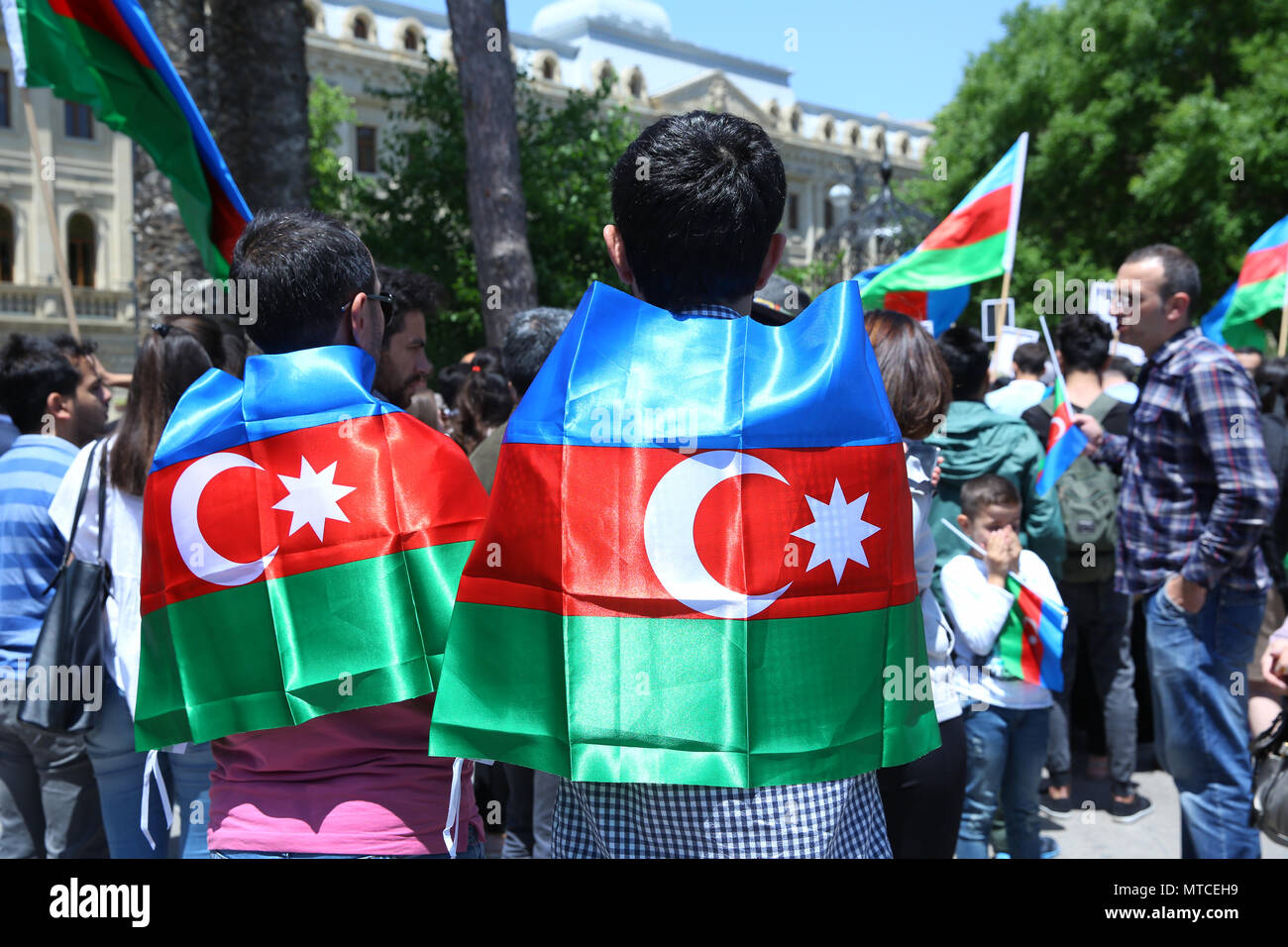 Azerbaijan flag in Baku, Azerbaijan. National sign background. Red ...