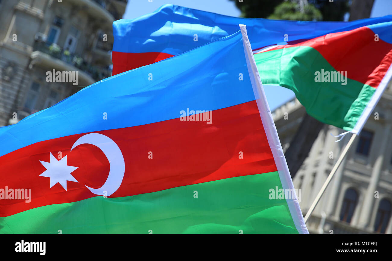 Azerbaijan flag in Baku, Azerbaijan. National sign background. Red ...