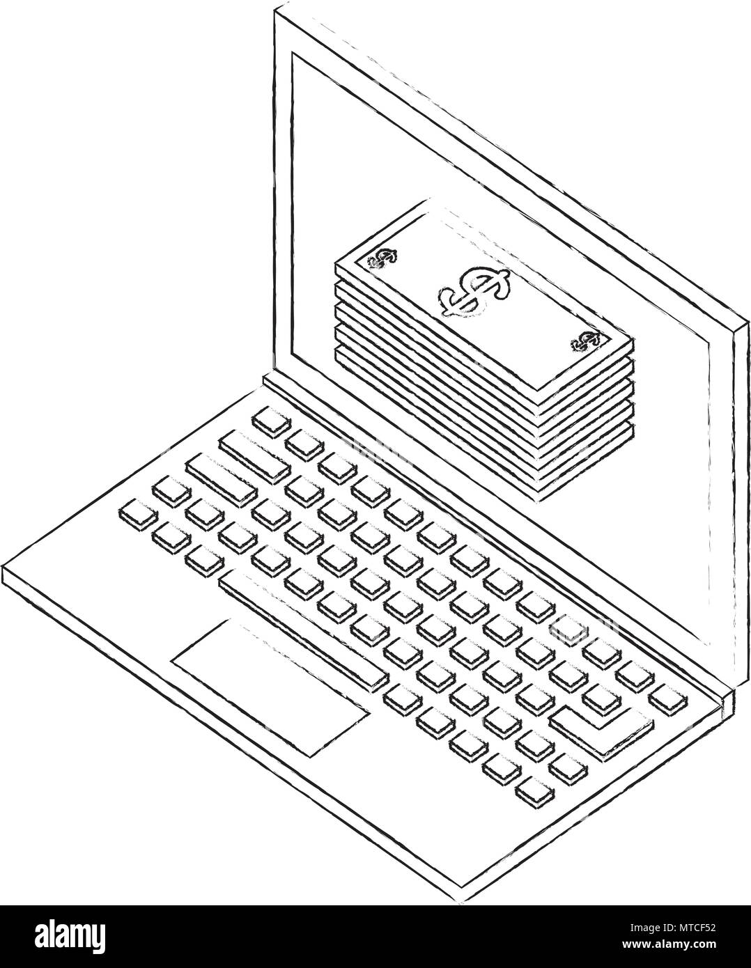 laptop computer with pile of bill dollars isometric icon Stock Vector ...