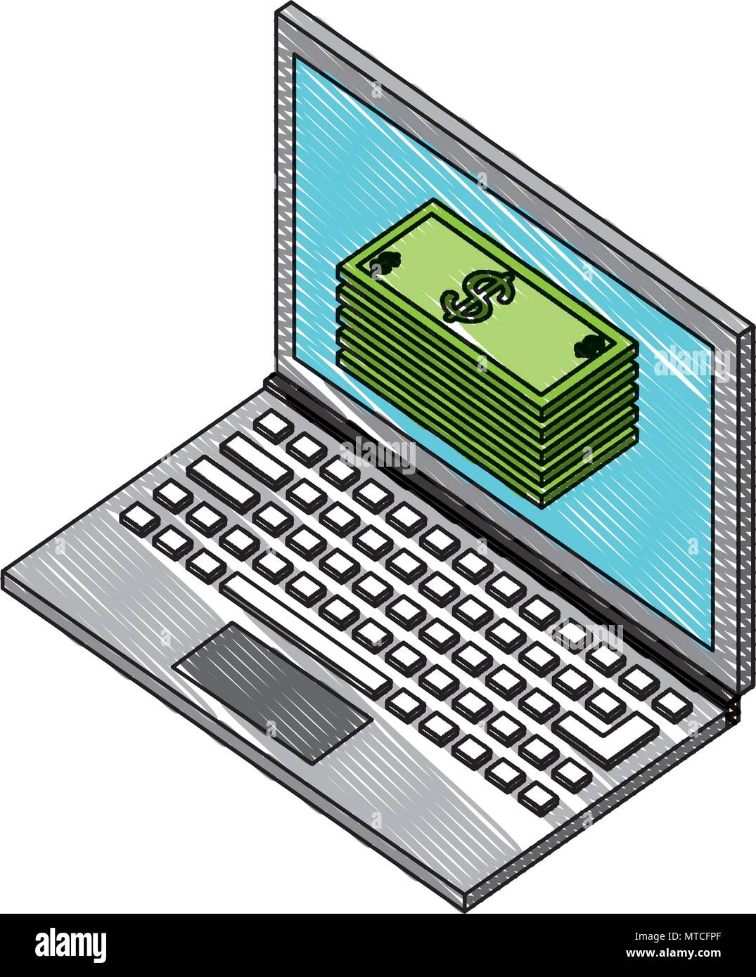 laptop computer with pile of bill dollars isometric icon Stock Vector ...