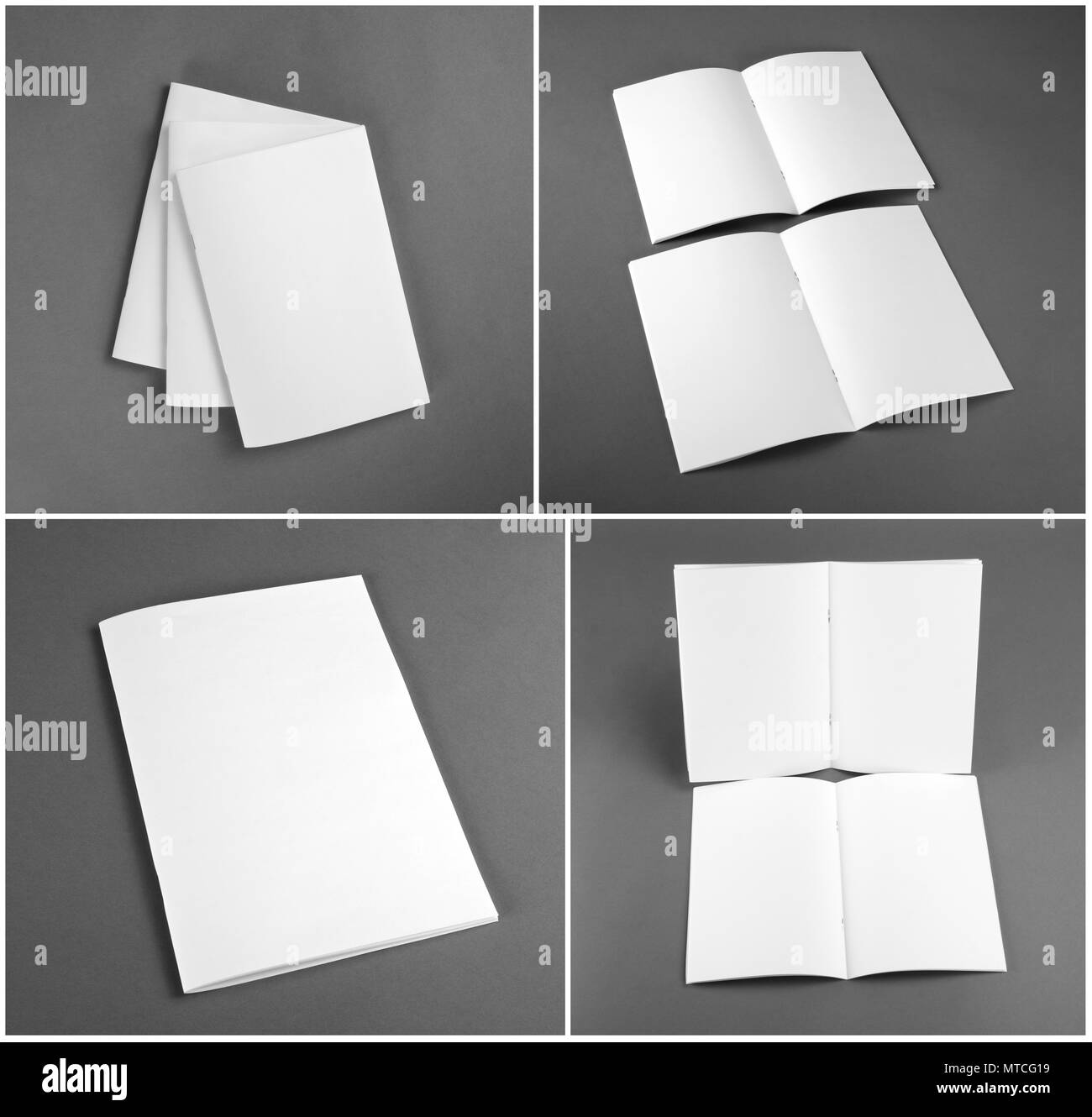 Set of blank magazine, catalog, brochure, magazines, book on gray ...
