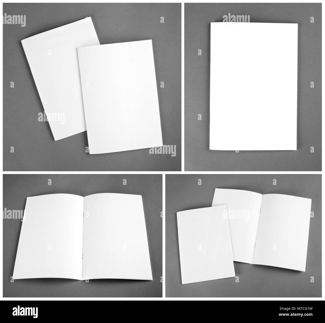 Set of blank magazine, catalog, brochure, magazines, book on gray ...