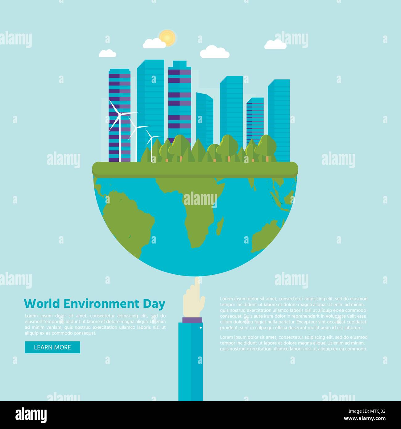 Happy World Environment Day postcard with green city background, wind ...