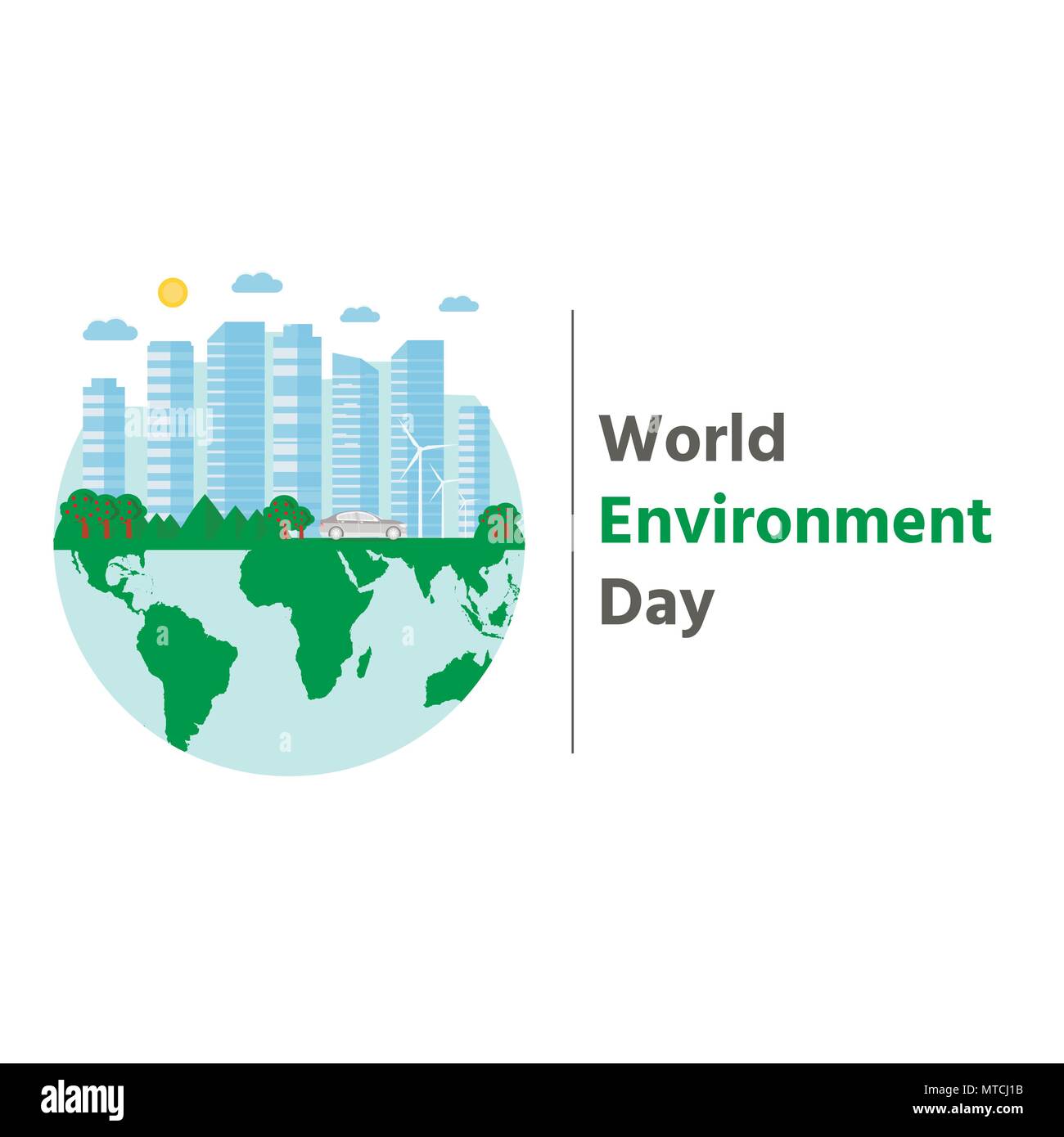 Happy World Environment Day postcard with green city background, wind ...