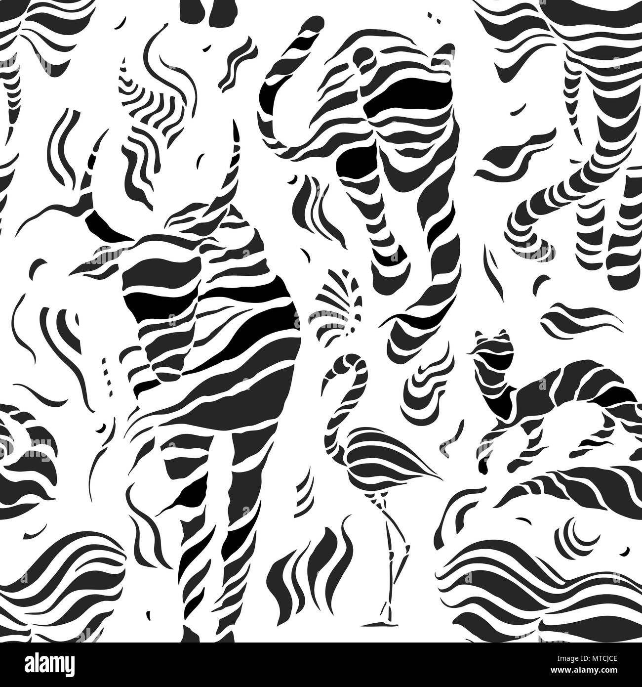 Wild animals. Stylized wild animals. Tiger, Bison, bull, flamingo Hand ...