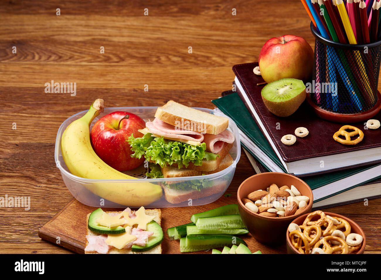 Healthy eating kid's menu on school lunch background, shallow depth of ...