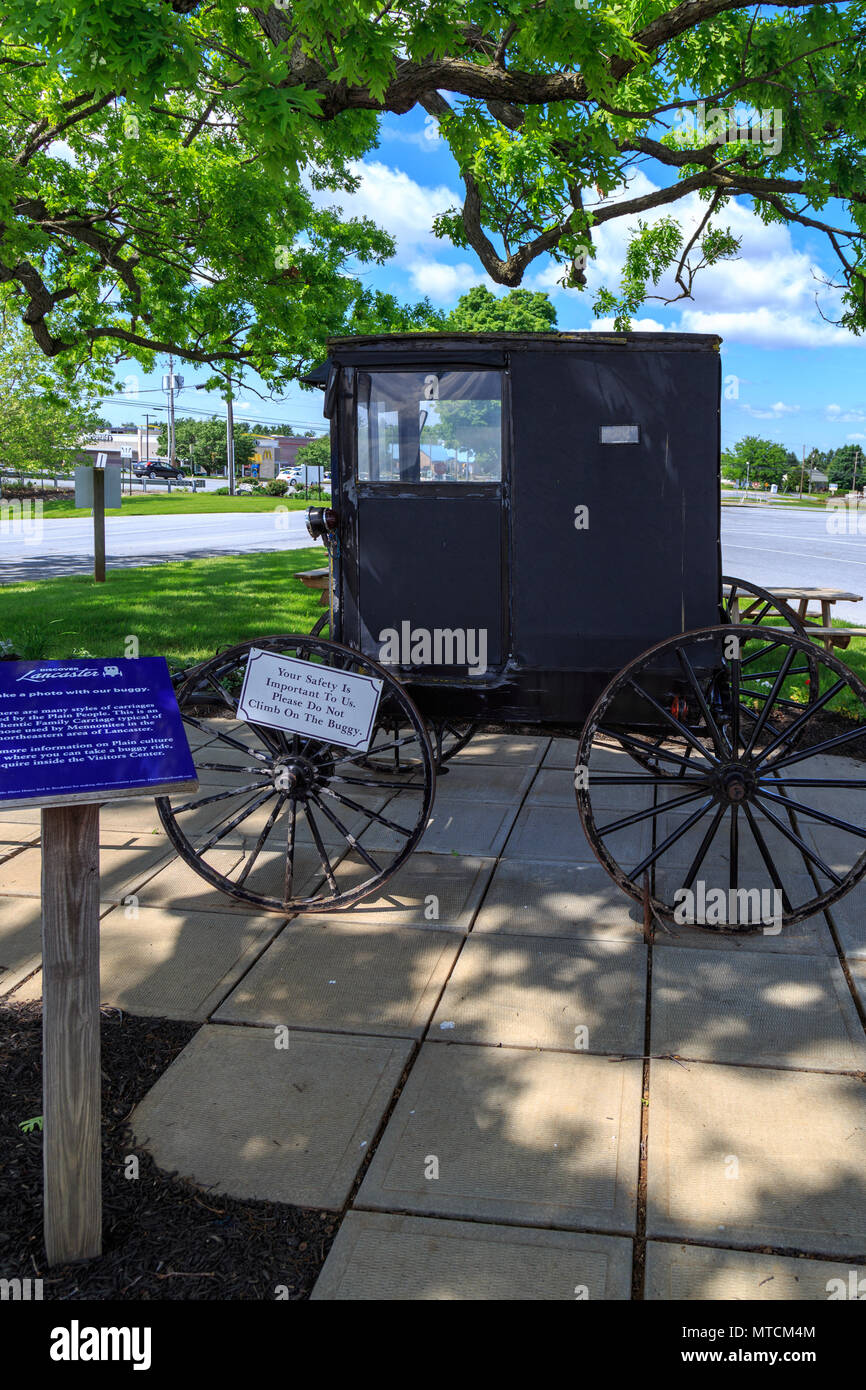 Lancaster, PA, USA - May 23, 2018: A black, Old Order Mennonite buggy ...