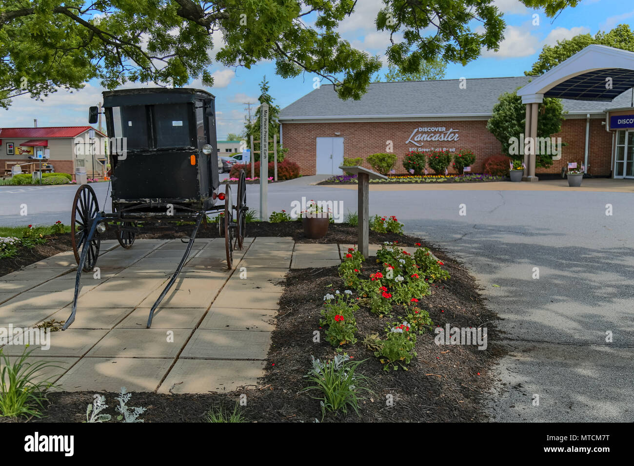 Lancaster, PA, USA - May 23, 2018: A black, Old Order Mennonite buggy ...