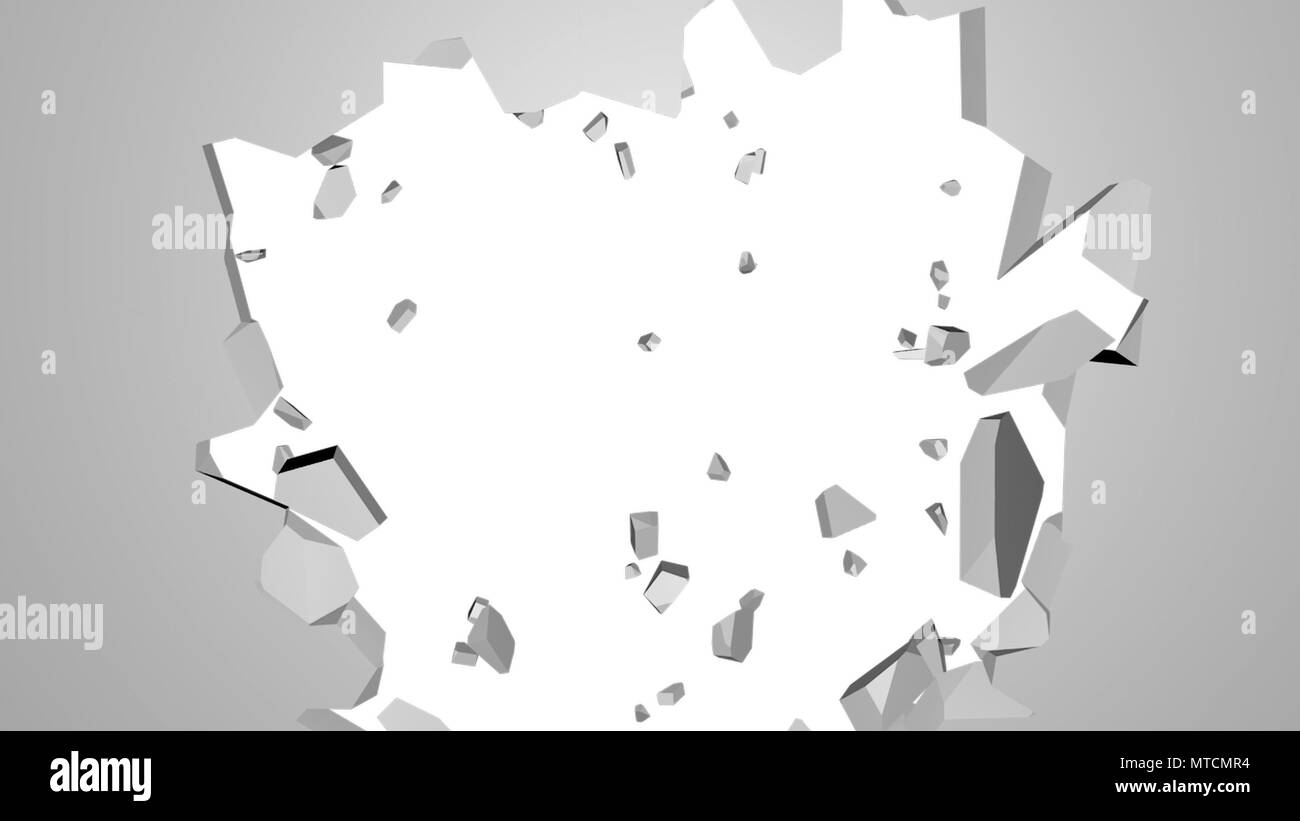 Abstract 3d render of cracked wall, destruction, explosion broken white ...
