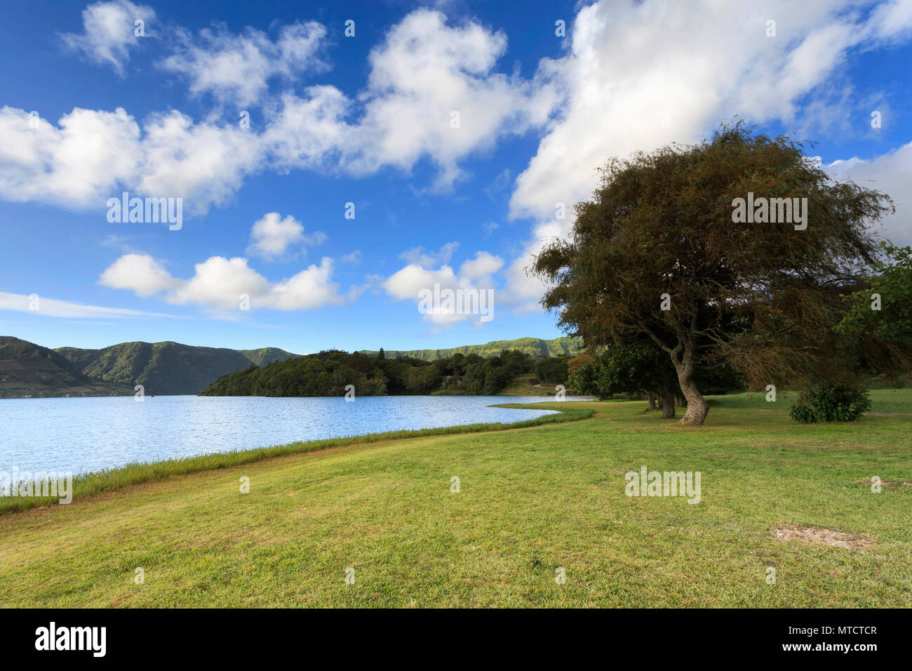 Panoramic landscape from Azores lagoons. The Azores archipelago has ...