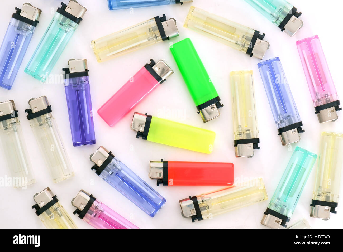 Cigarette lighter on white paper background. Top view. Flat lay Stock ...