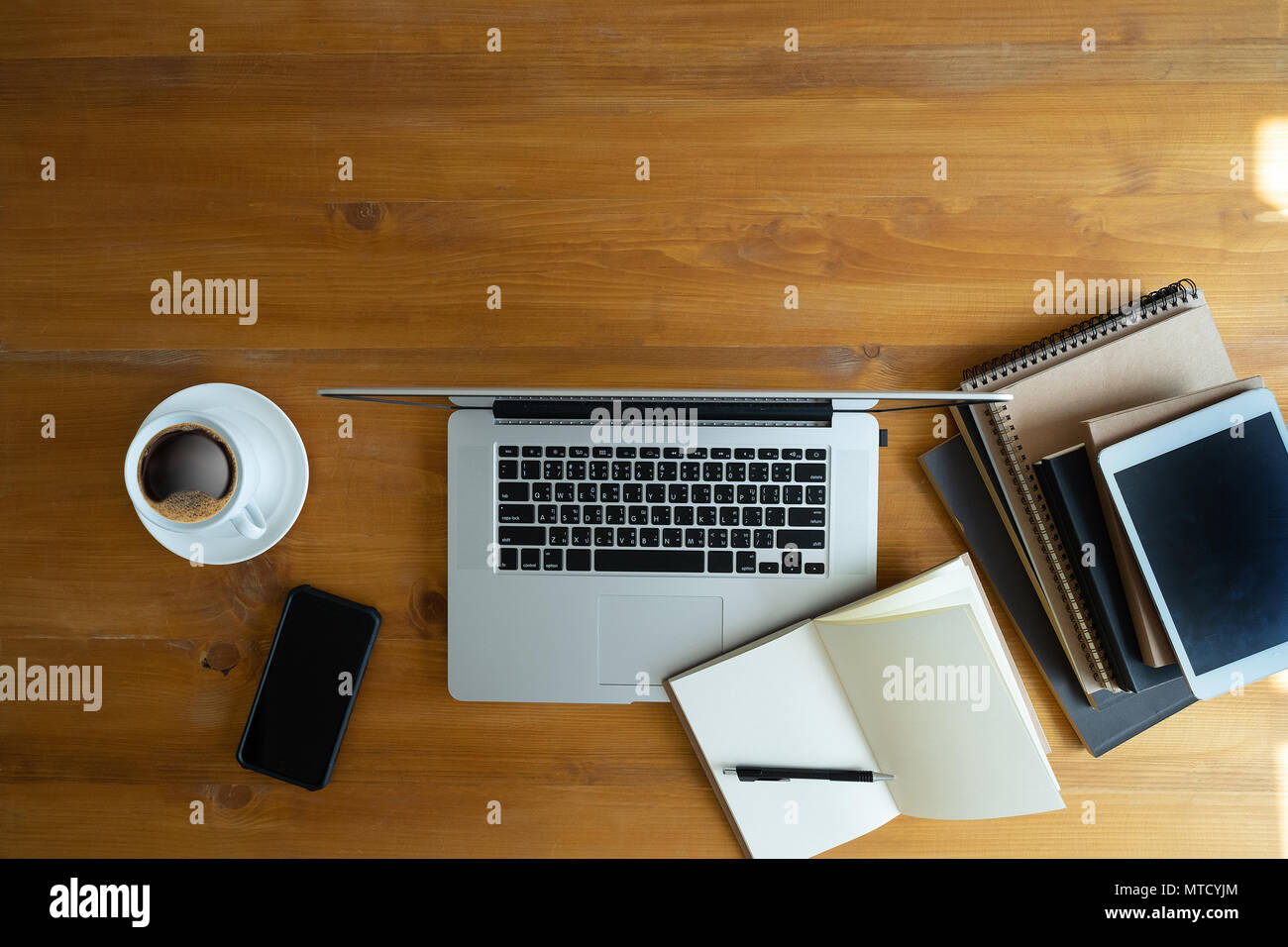 Overhead View top view man Working Desk Concept Stock Photo - Alamy