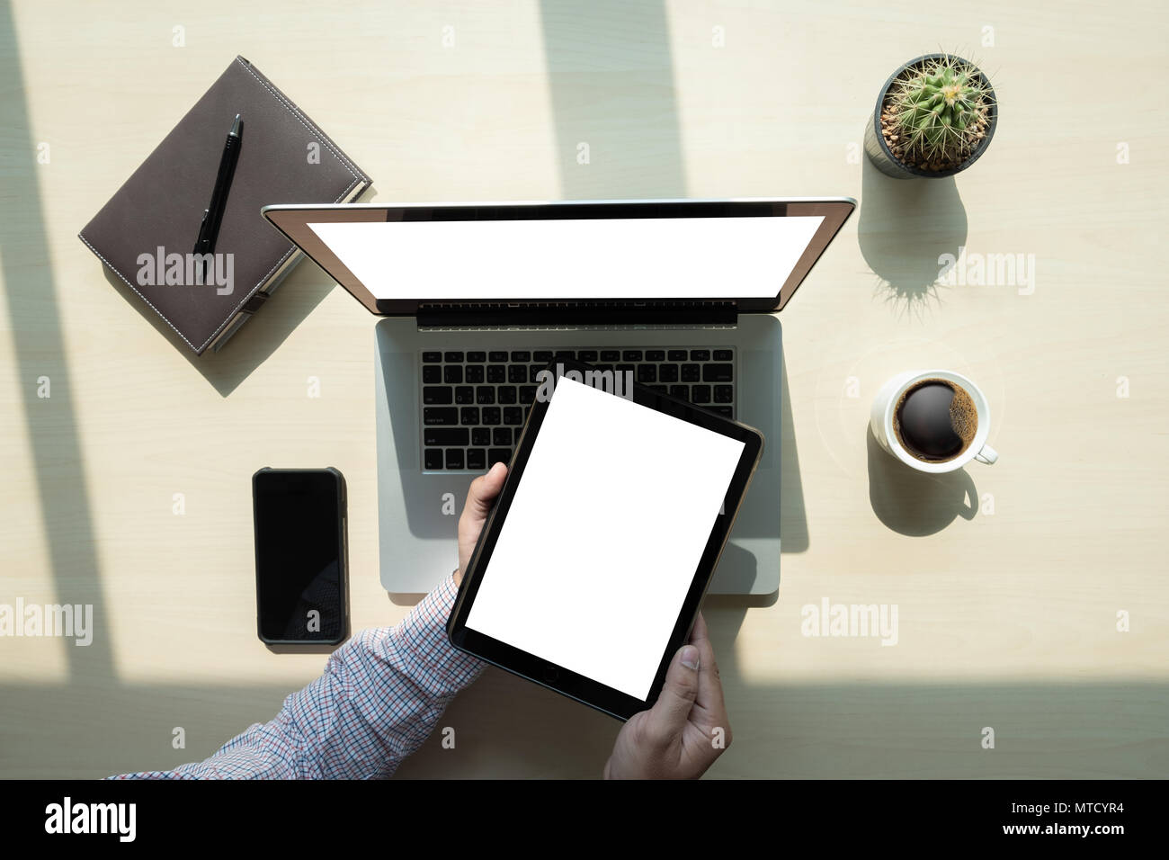Overhead View top view man Working Desk Concept Stock Photo - Alamy