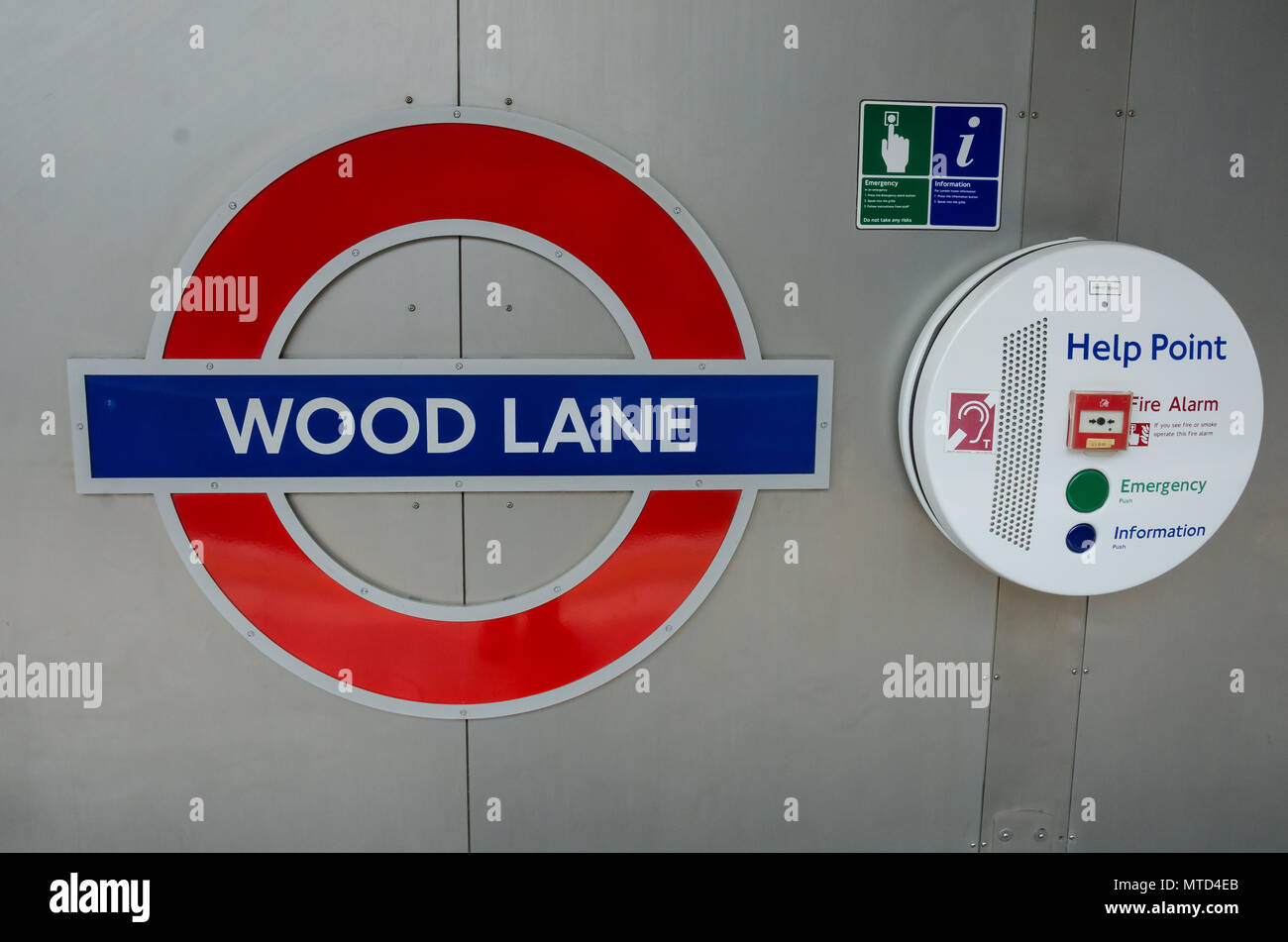 An iconic London Undeground name sign for Wood Lane station mounted on ...