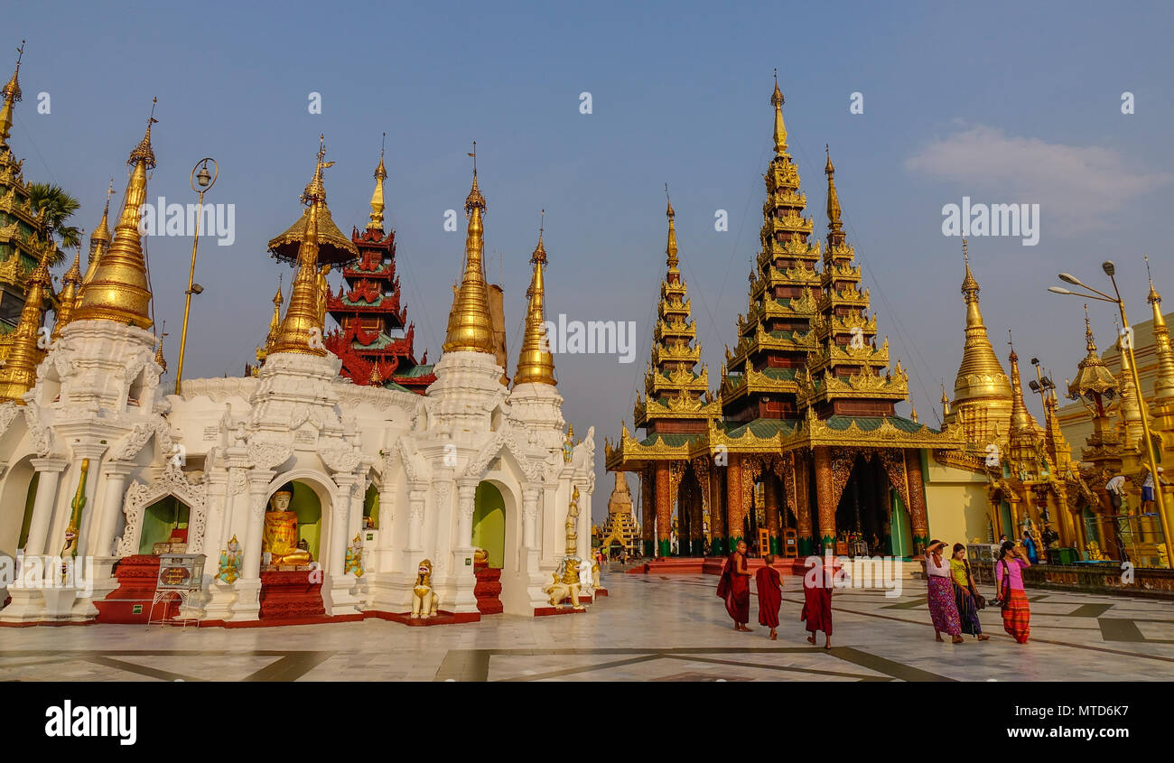 Yangon, Myanmar - Feb 26, 2016. Part of Shwedagon Pagoda in Yangon ...