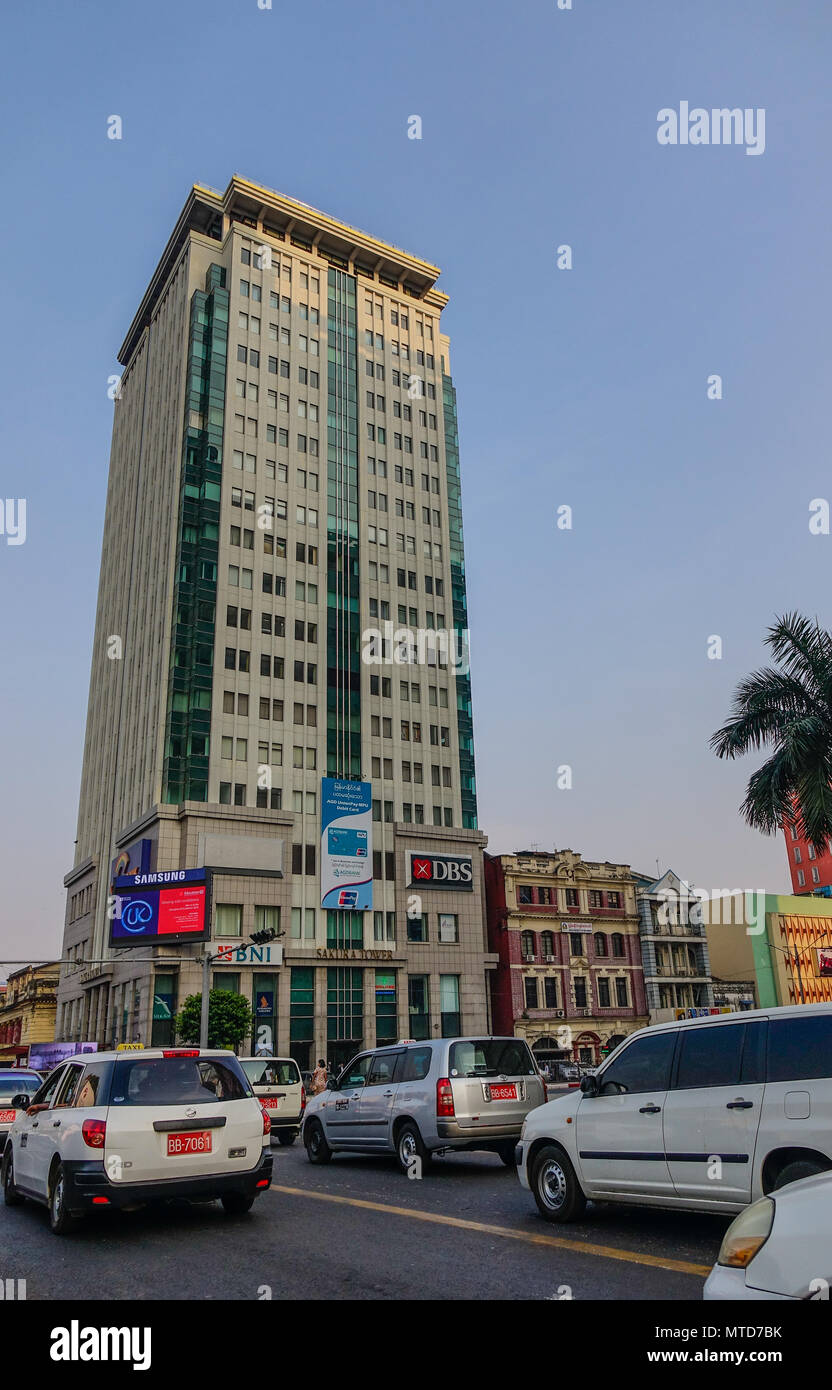 Yangon, Myanmar - Feb 26, 2016. Street at downtown in Yangon, Myanmar. Yangon served as the ...