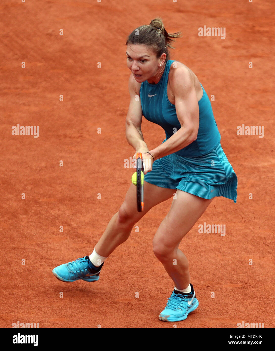 Paris, France. 30th May, 2018. Simona Halep of Romania returns a shot ...