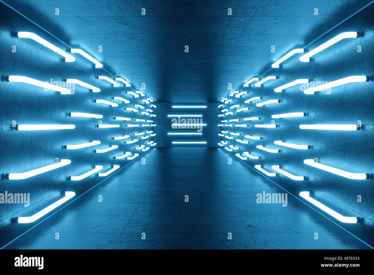3D rendering blue-tint Illuminated corridor with blue neon light ...