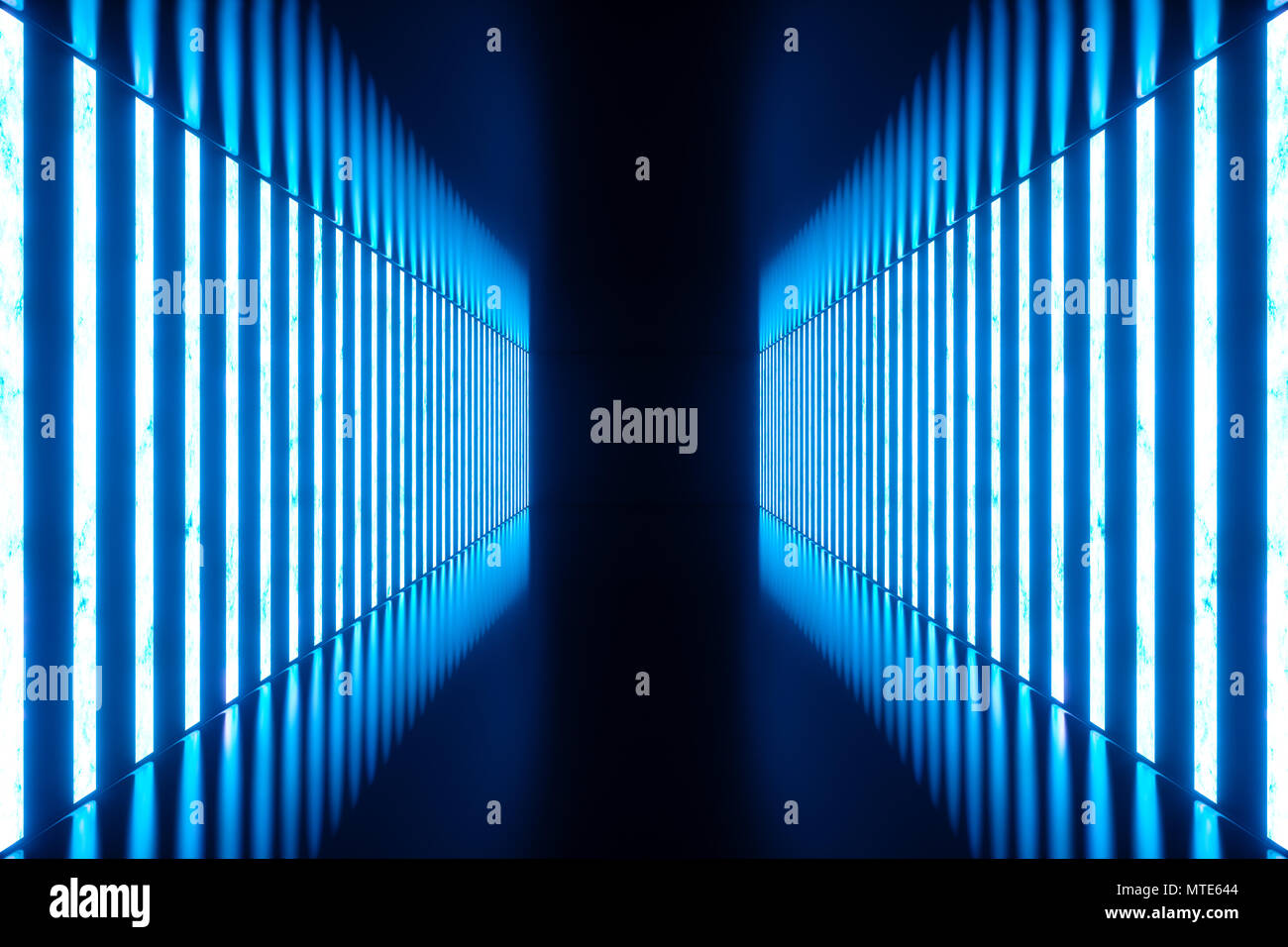 3D rendering Abstract blue room interior with blue neon lamps ...
