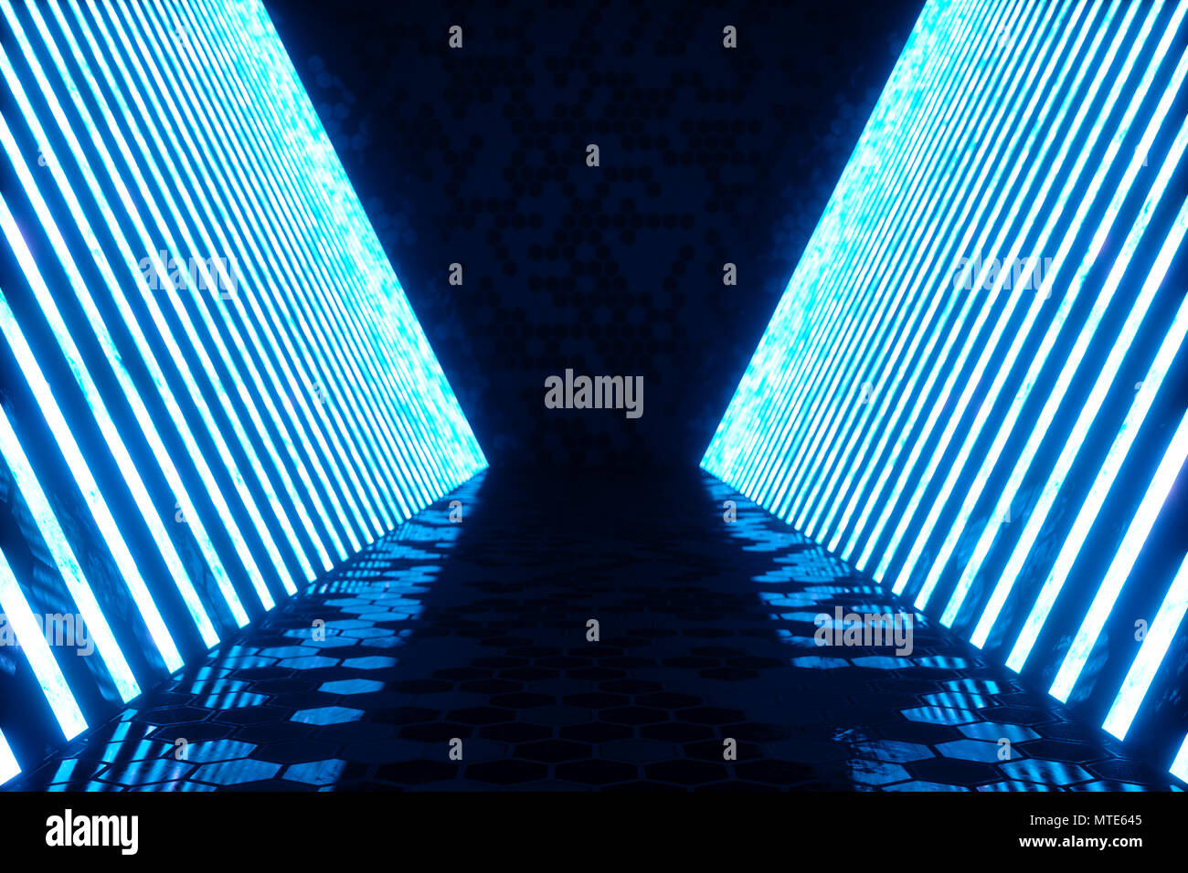 3D rendering Abstract blue room interior with blue neon lamps ...
