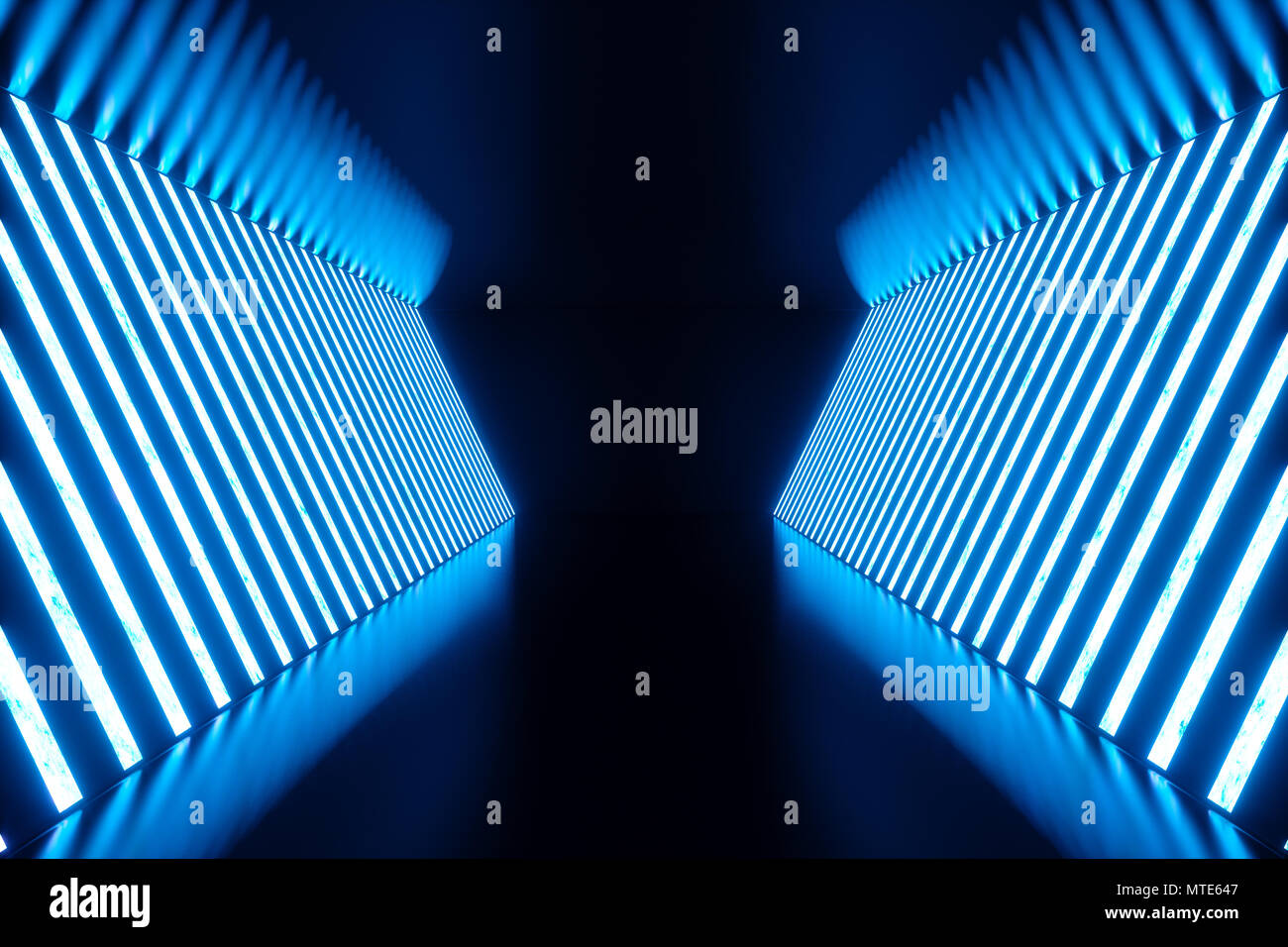 3D rendering Abstract blue room interior with blue neon lamps ...