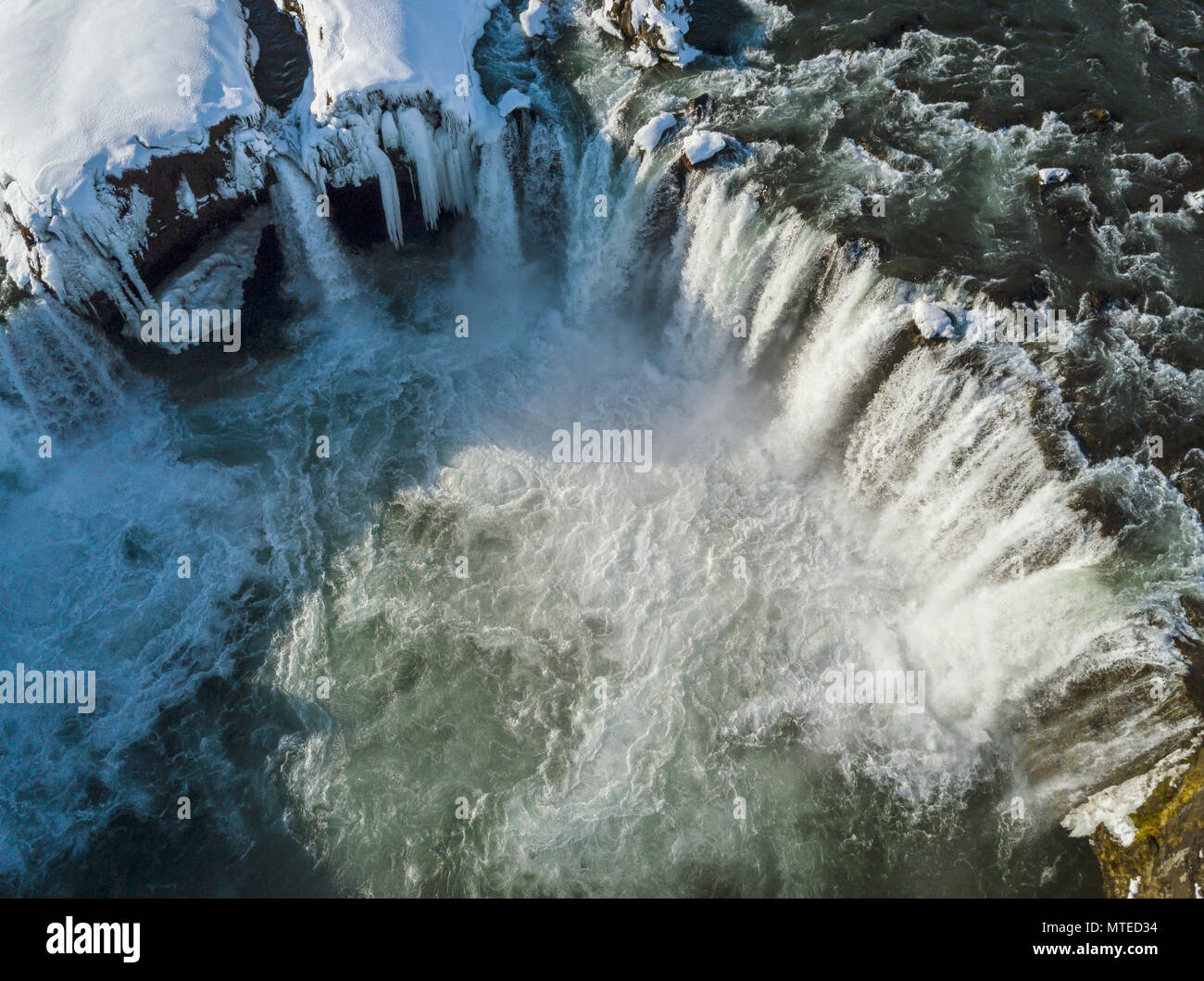Aerial view, Góðafoss waterfall from above, Godafoss in winter with ...
