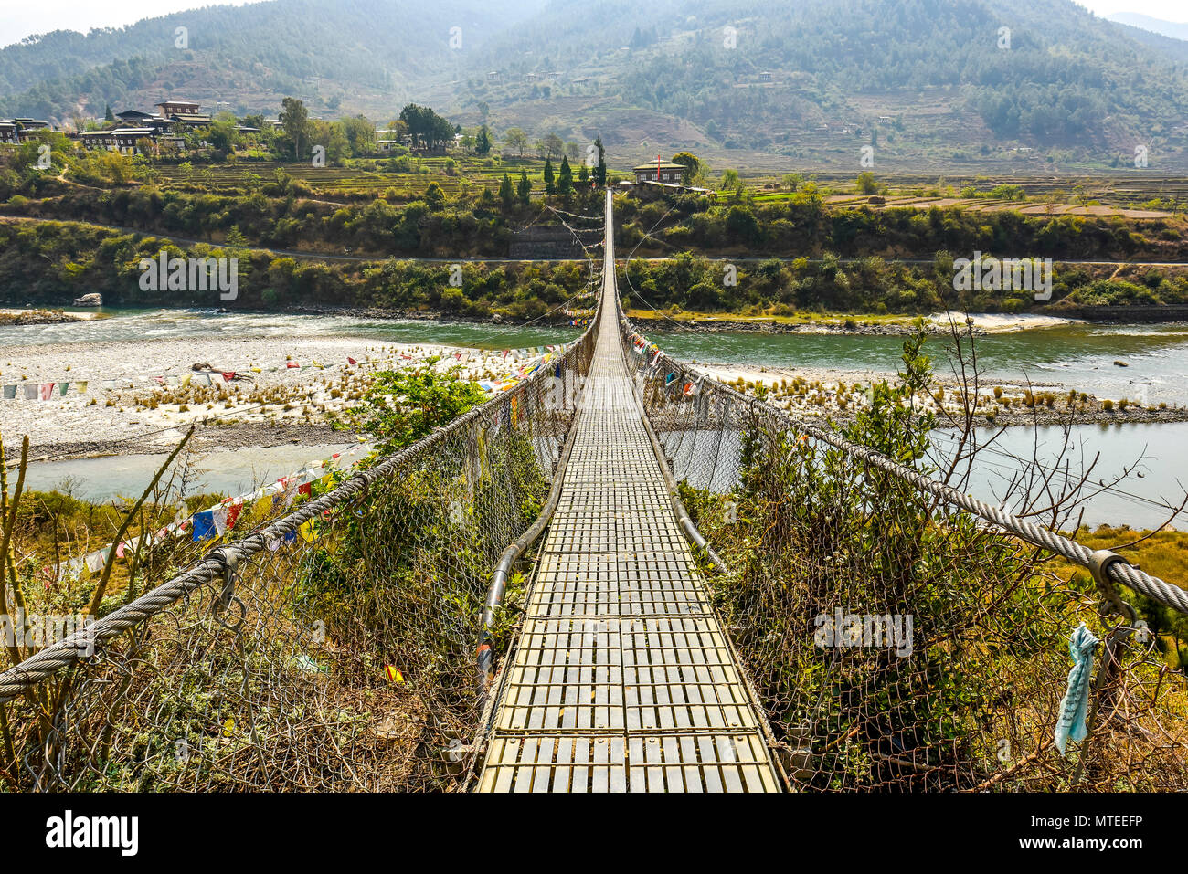 Longest suspension bridge of Bhutan over river Puna Tsang Chhu, Punakha ...