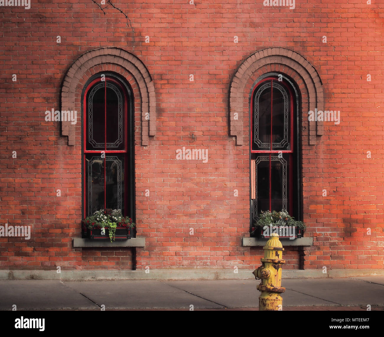 Round arch Spanish style windows and fire hydrant in an urban alleyway ...