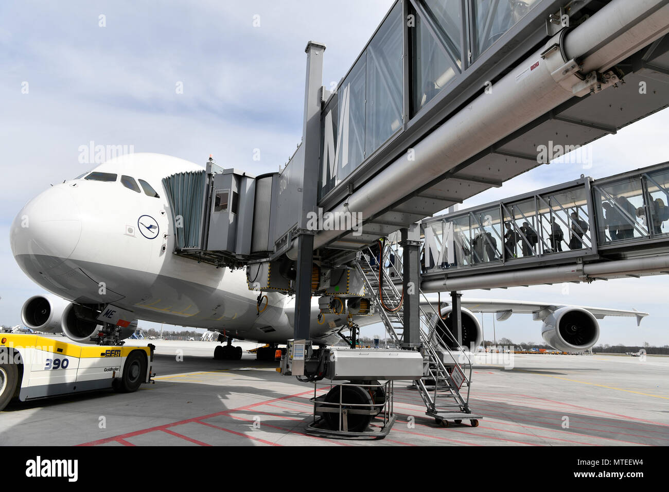 Lufthansa, Airbus, A380-800, with docked passenger bridges, Terminal 2 ...