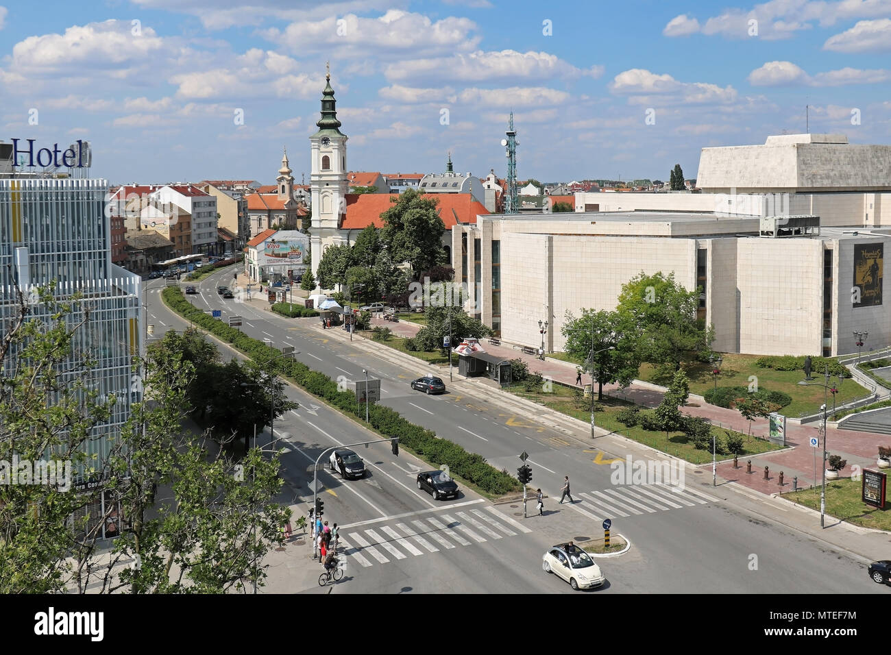Cityscape of Novi Sad city center with architecture and large cross ...