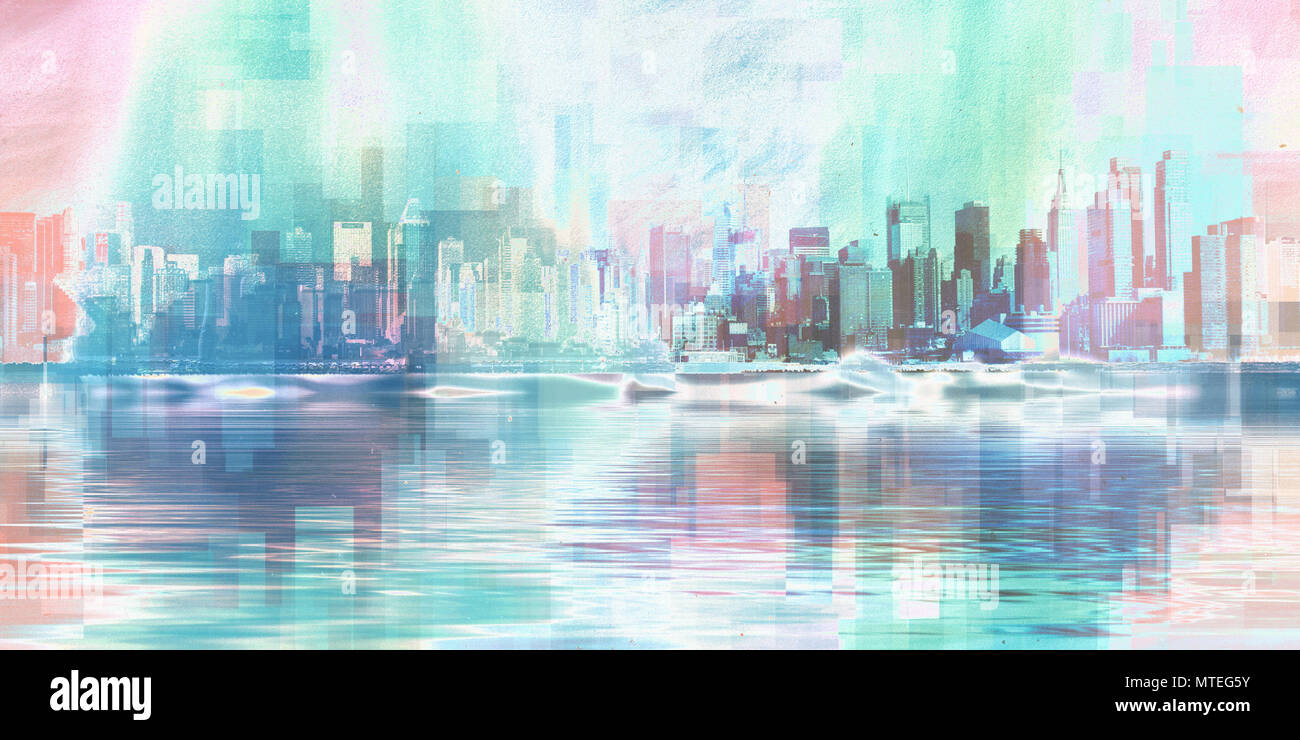 Modern Art. Manhattan, New York panorama in vivid blue colors Stock ...