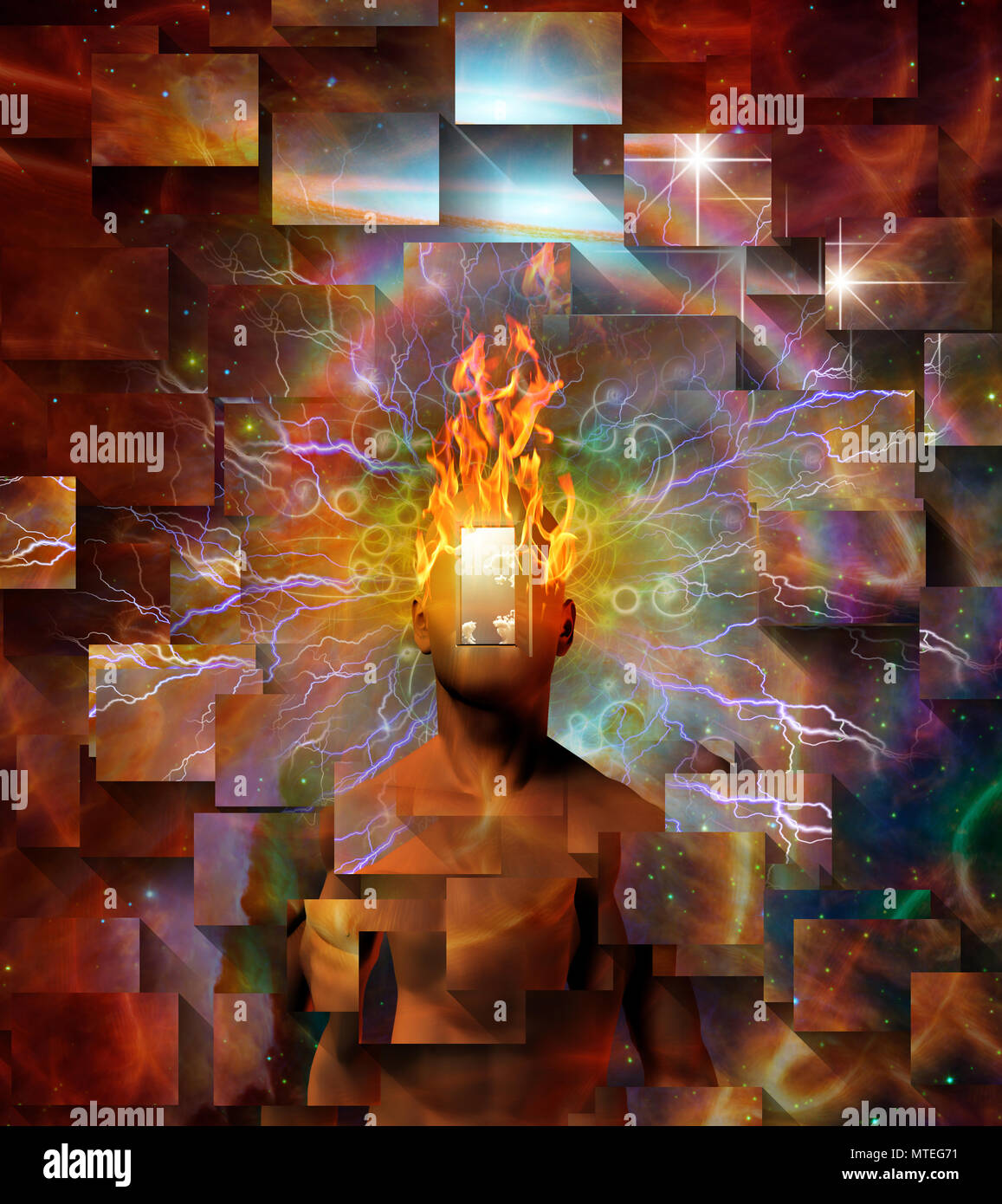 Man with burning head in cosmic space Stock Photo - Alamy