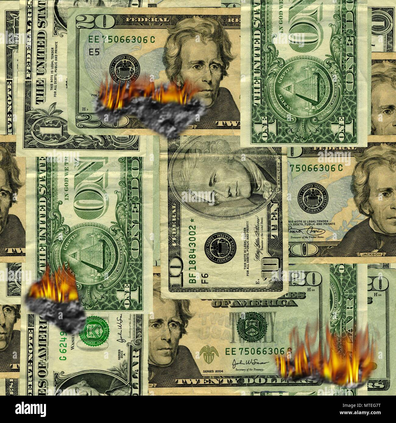 Burning US dollars bills pattern Stock Photo - Alamy